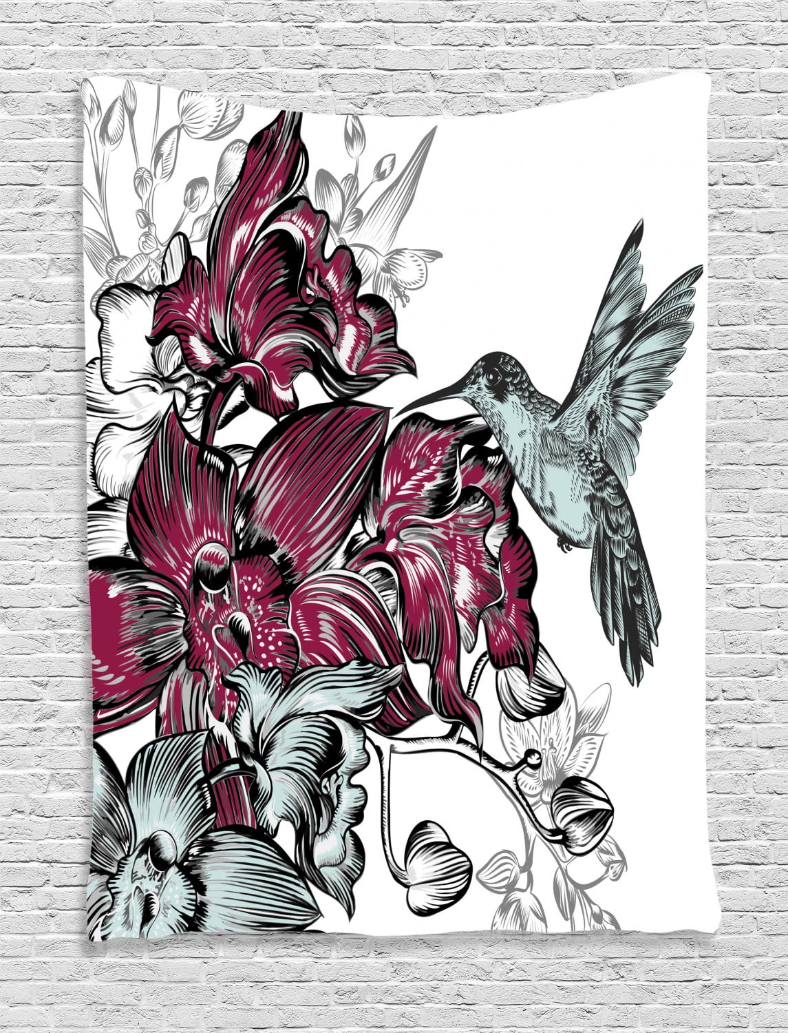 Hummingbird Tapestry, Orchid Flowers Bouquet and A Hummingbird Nature ...