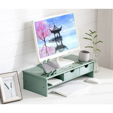 Bamboo Wood Monitor Stand Ergonomic Computer Riser 2-Tier Drawers ...