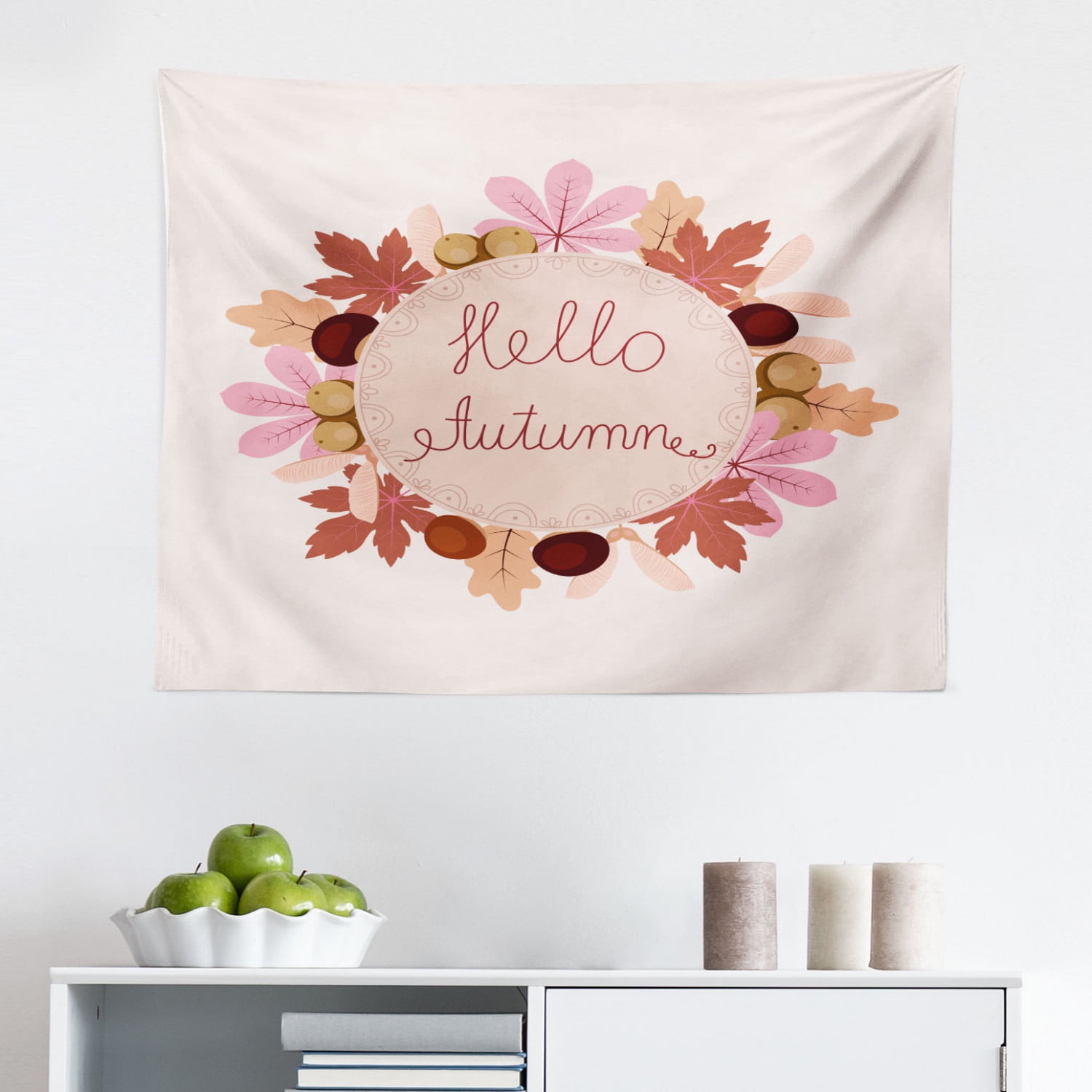 Hello Fall Tapestry, Autumn Season Greeting Leaves Wreath and ...