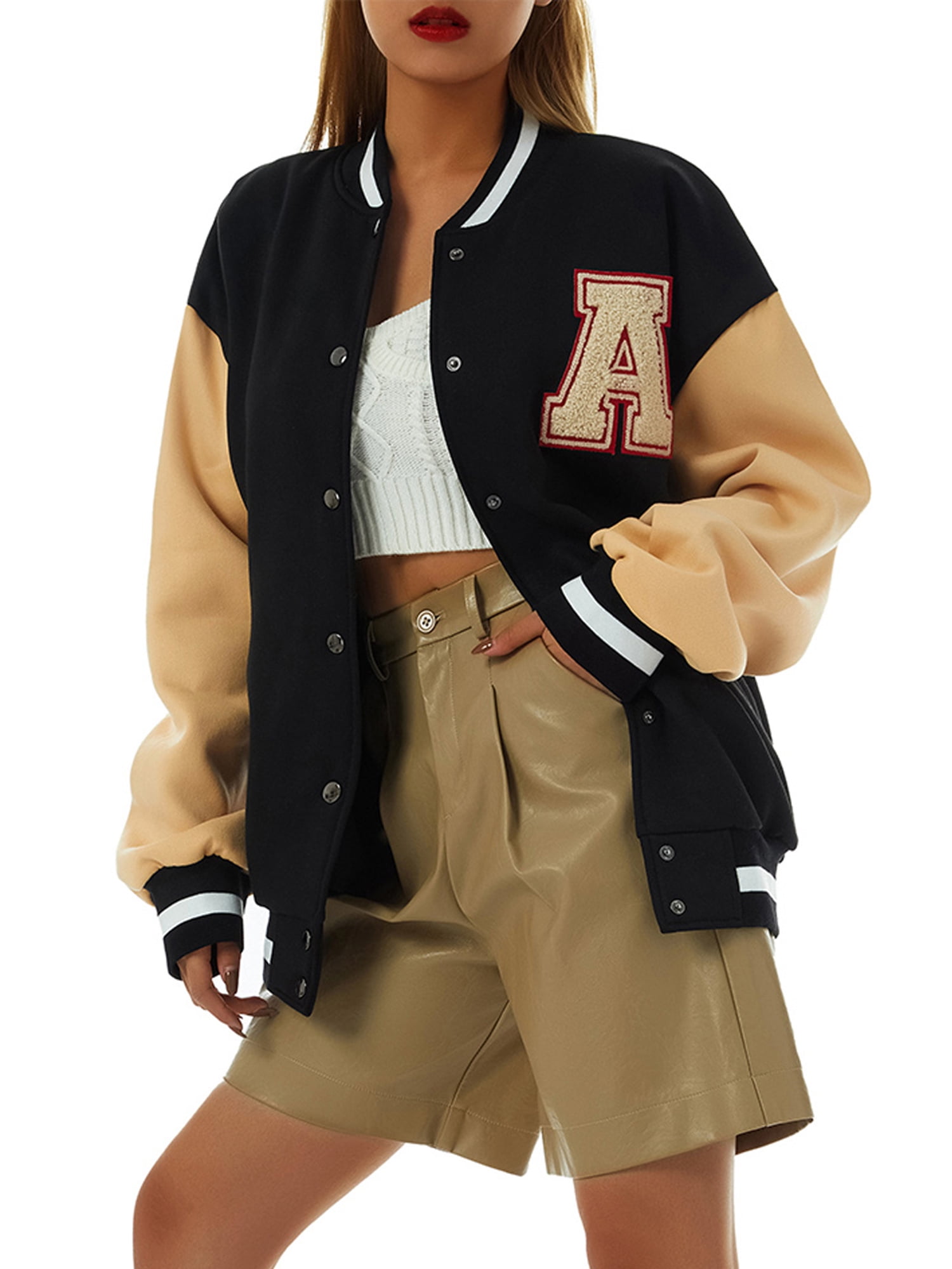 Aunavey Varsity Jacket Women Girl Vintage Relaxed Casual Fit Button ...
