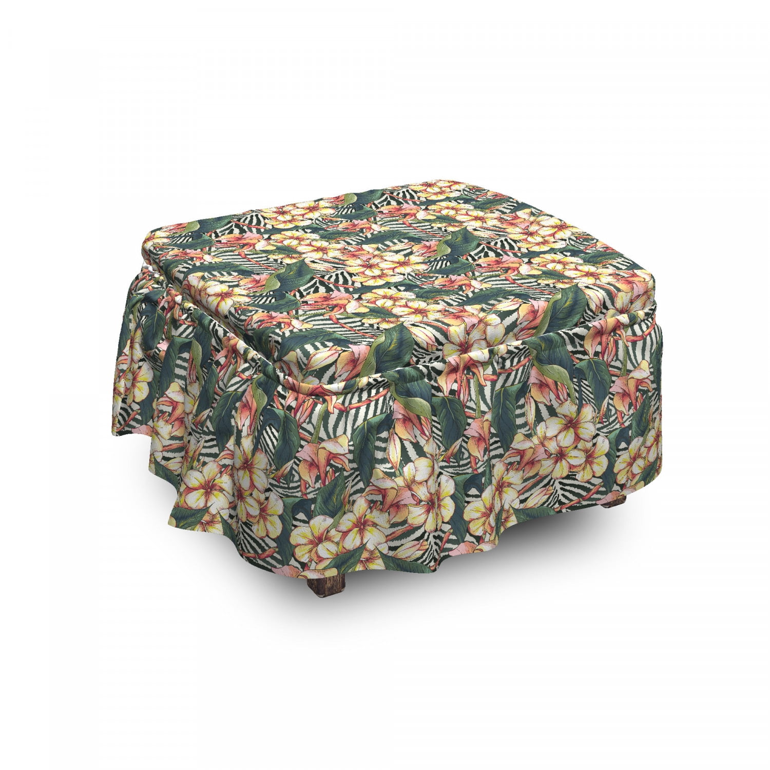 Tropical Ottoman Cover, Detailed Exotic Flowers, 2 Piece Slipcover Set ...