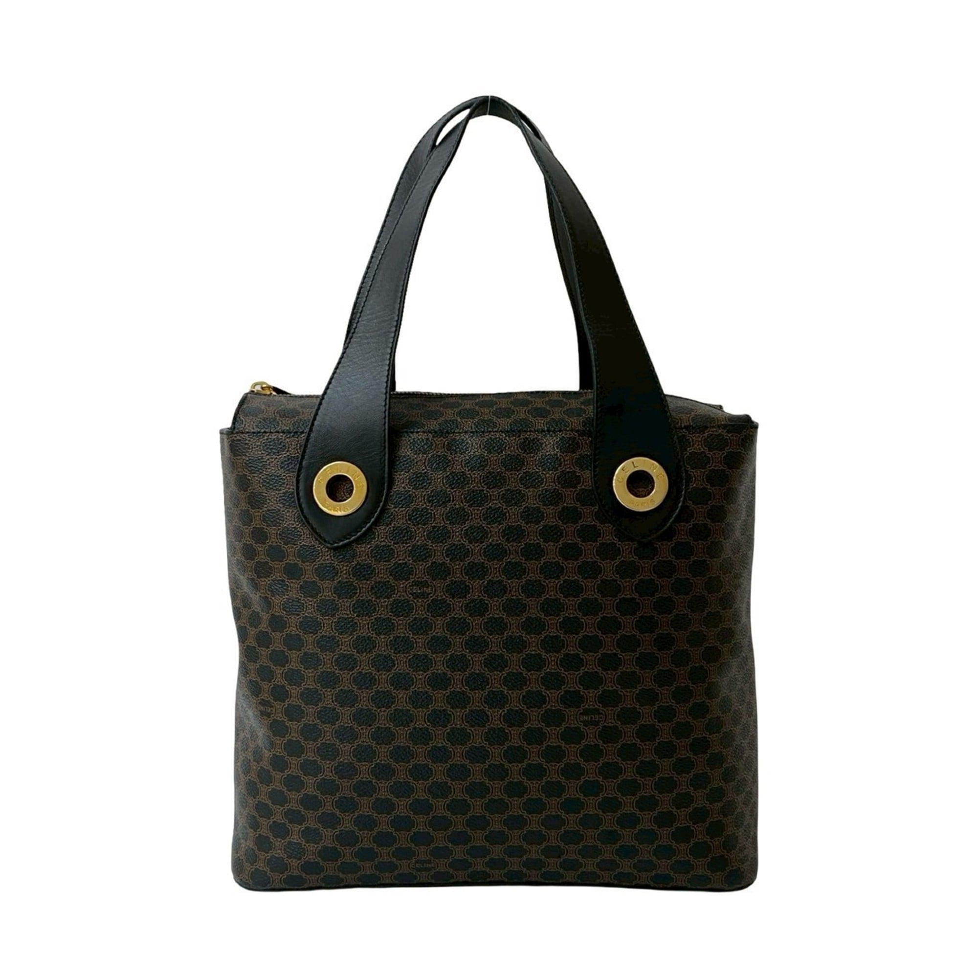 Pre-Owned CELINE Macadam pattern circle logo hardware leather handbag ...