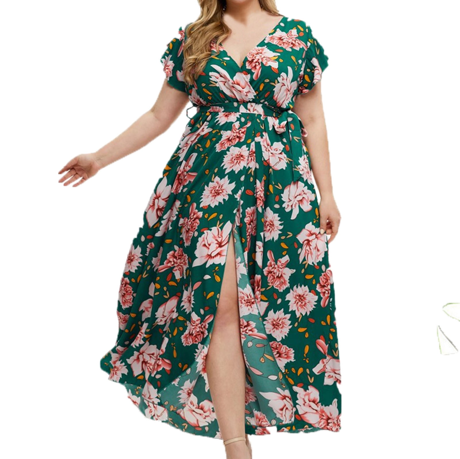 VSSSJ Plus Size Summer Dresses for Women Boho Flower Print Belted Waist ... VSSSJ Plus Size Summer Dresses for Women Boho Flower Print Belted Waist ...