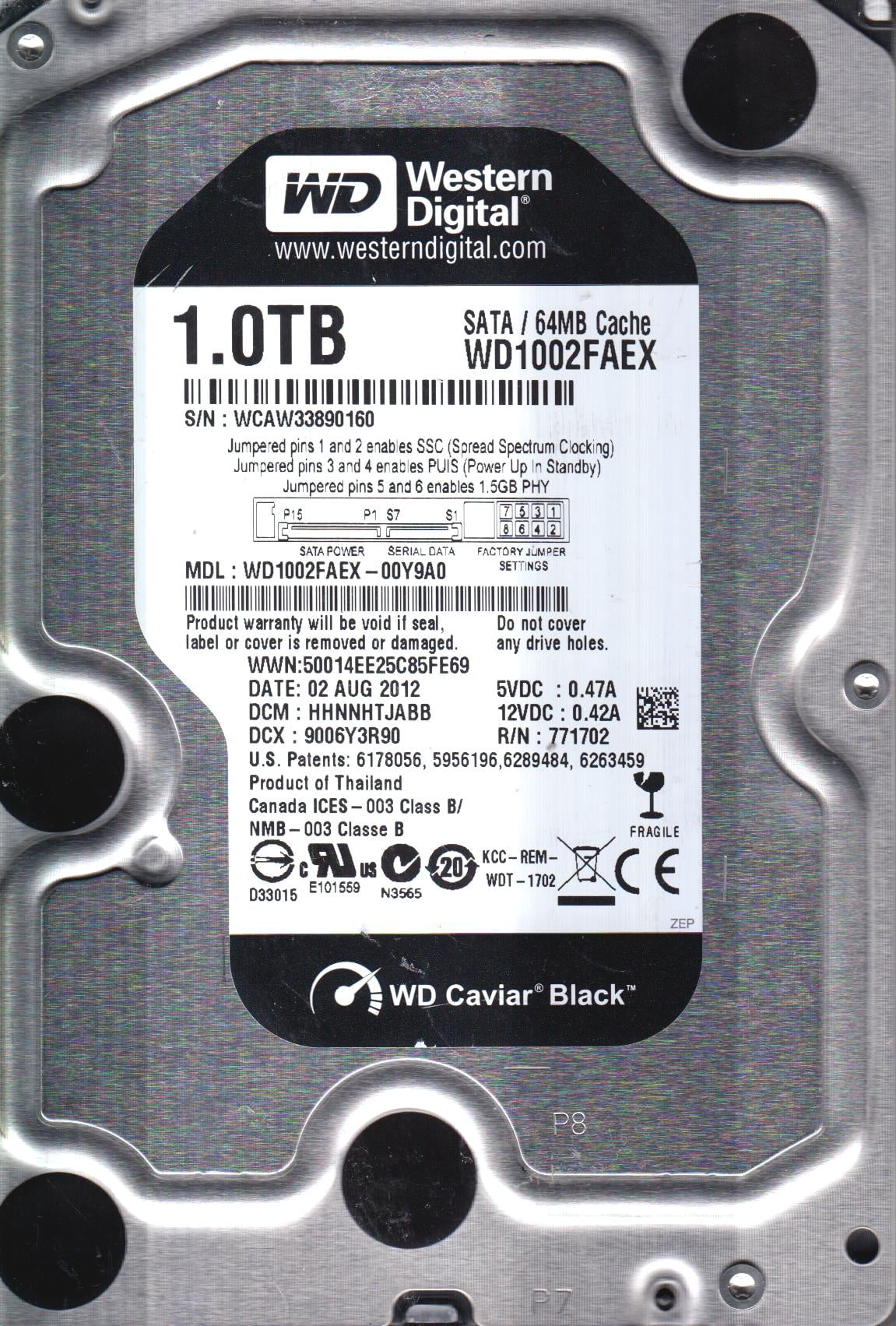 WD1002FAEX-00Y9A0, DCM HHNNHTJABB, Western Digital 1TB SATA 3.5 Hard ...