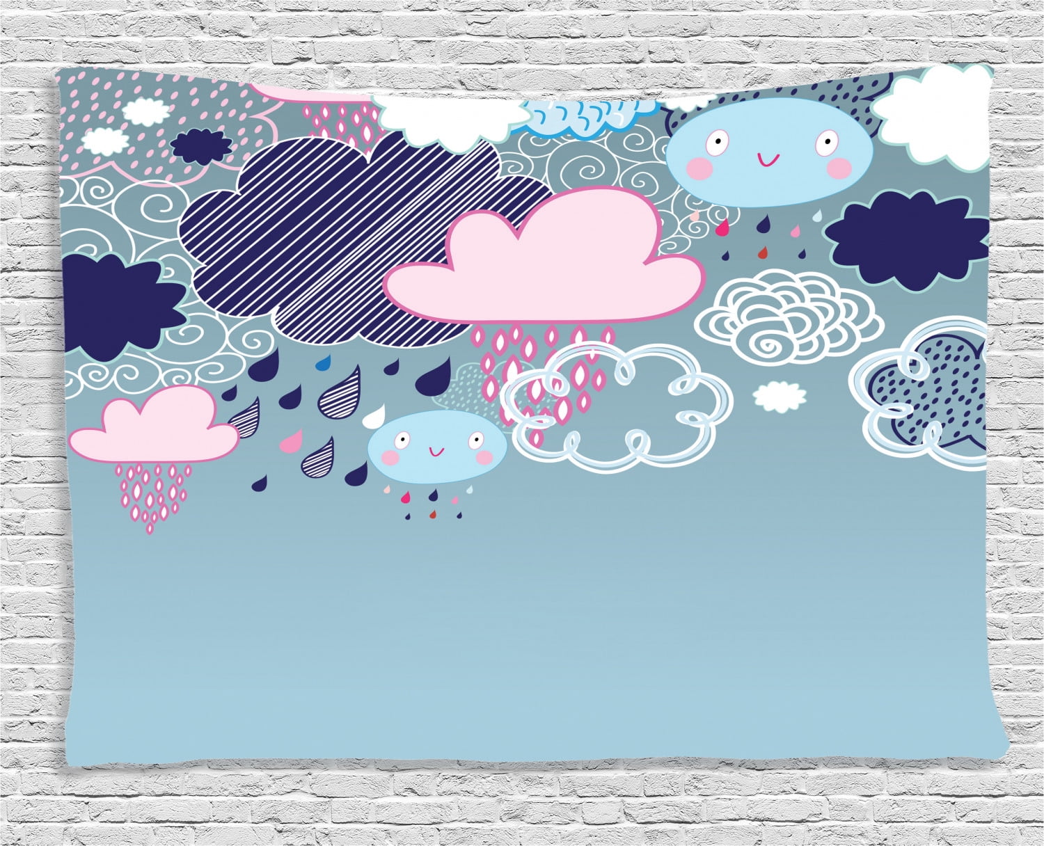 Home Decor Tapestry, Clouds Made with Smiley Faces and Ornate Motifs ...