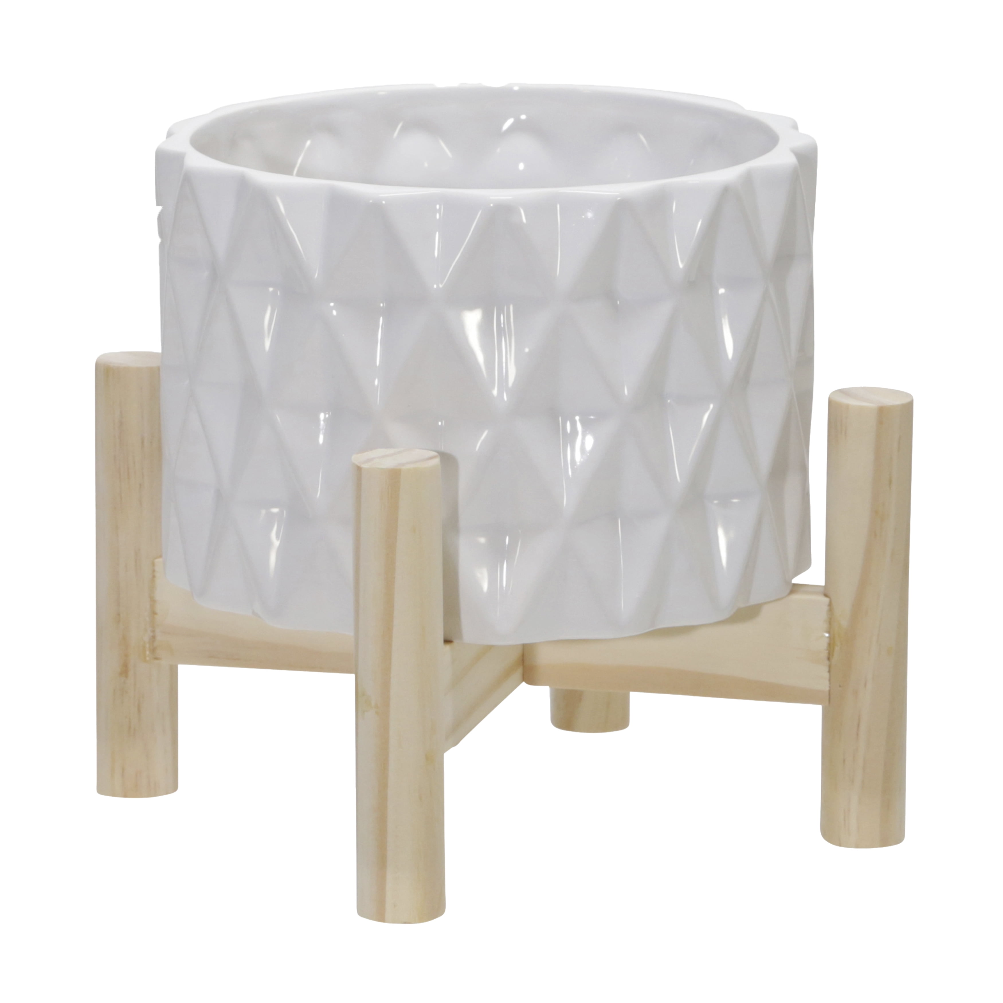Sagebrook Home 6" Ceramic Diamond Planter With Wood Stand, White, Round ...