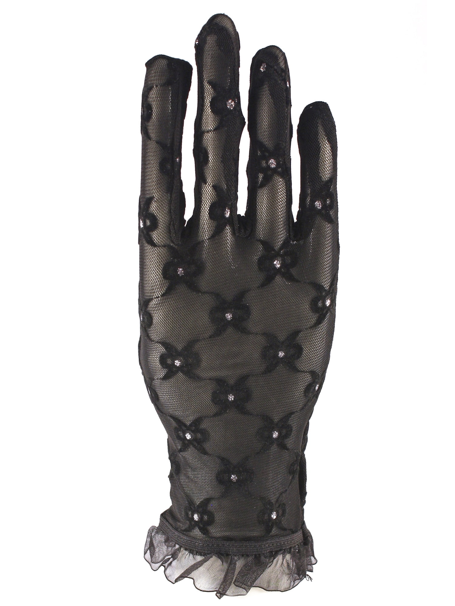 Black Sheer Gloves Wrist Ruffle - Bow Design, Glitter Accent - Party ...