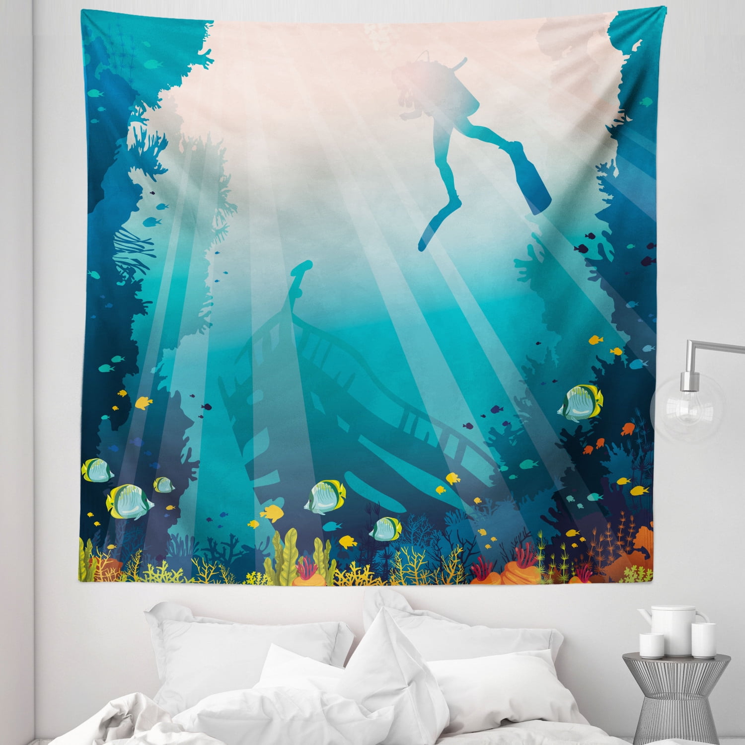 Sea Life Tapestry, Silhouette of a Scuba Diver Sunken Ship and Coral ...
