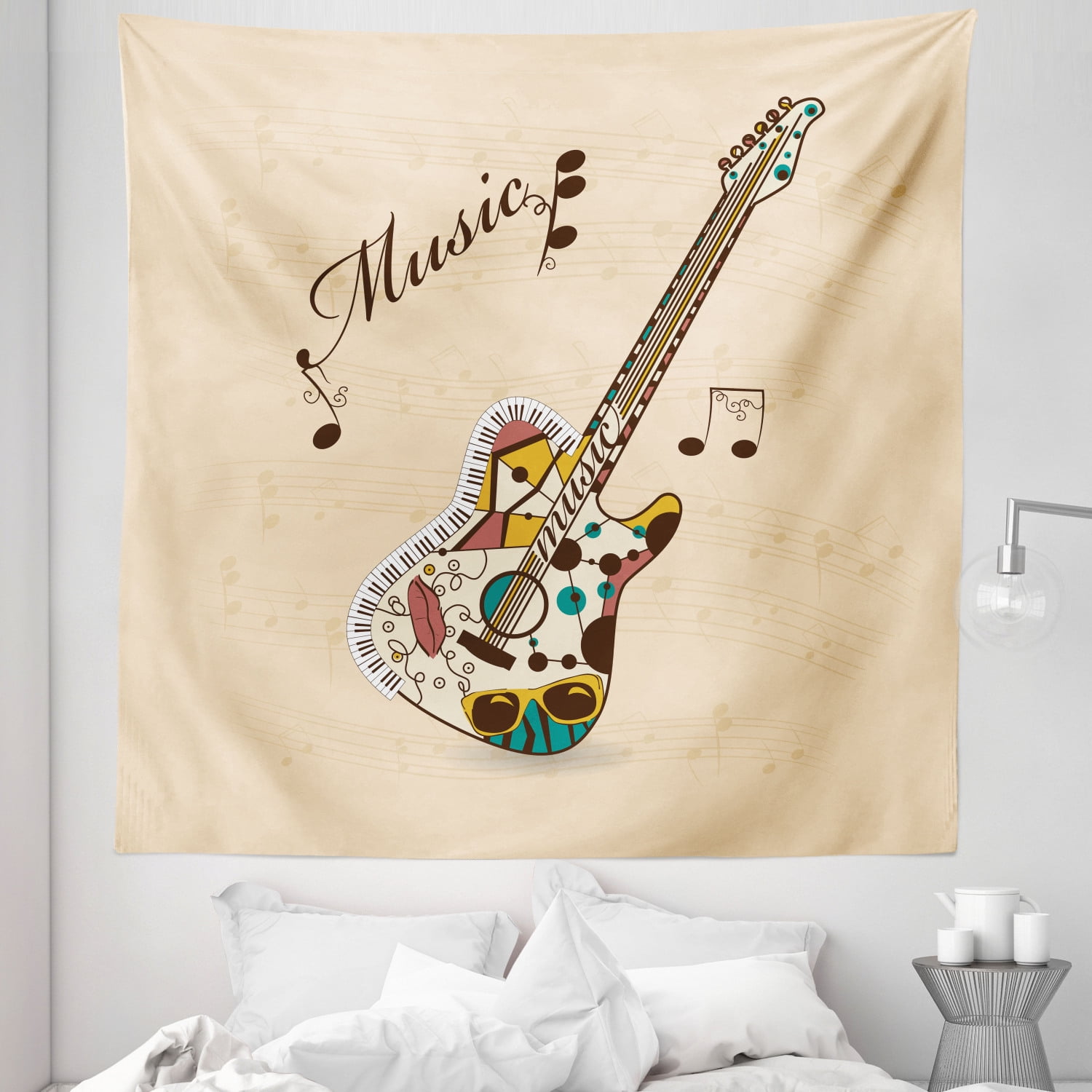 Guitar Tapestry, Abstract Funky Guitar Instrument Melody Musical Notes ...