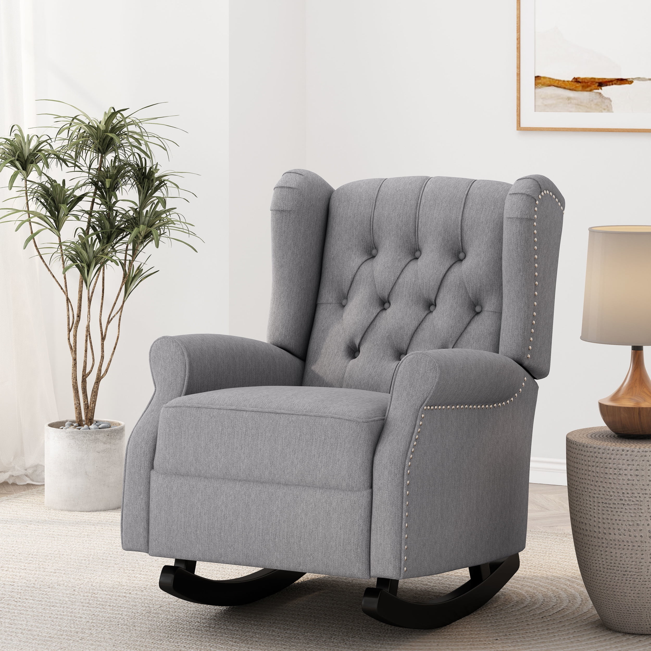 Noble House Dowd Fabric Tufted Wingback Rocking Chair, Gray and Dark ...