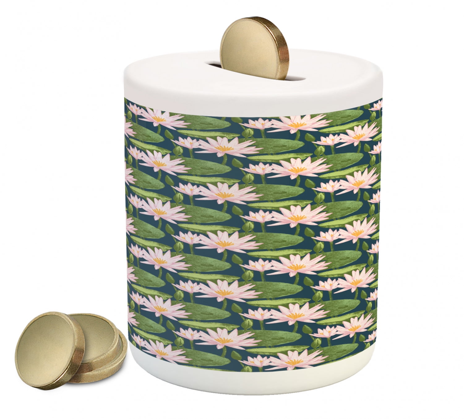 Lily Flower Piggy Bank, Hand Drawn Style Pink Blossoms on a Pond ...