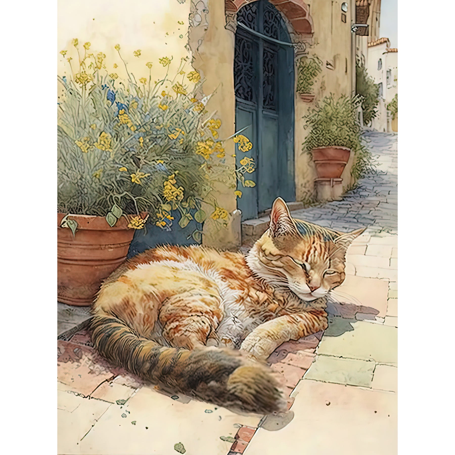 Cat Sunbathing in Mediterranean Village Street Watercolour Illustration ...