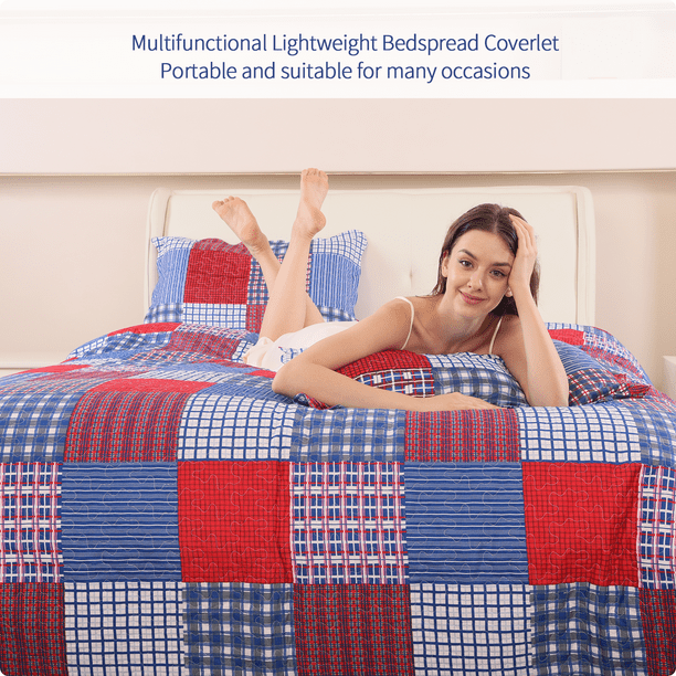 3 Piece Quilt Set Queen Full Size Bedspread Coverlet Mens Plaid Patchwork Bedding Reversible Quilt Queen Microfibers Bedspread Coverlet Lightweight Bedding for All Season Red Blue Walmart Business Sup...