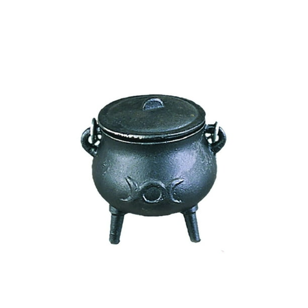 Triple Moon 3.5" Small Cast Iron Cauldron with Lid and Carry Handle for Spells, Smudging, Ritual ...