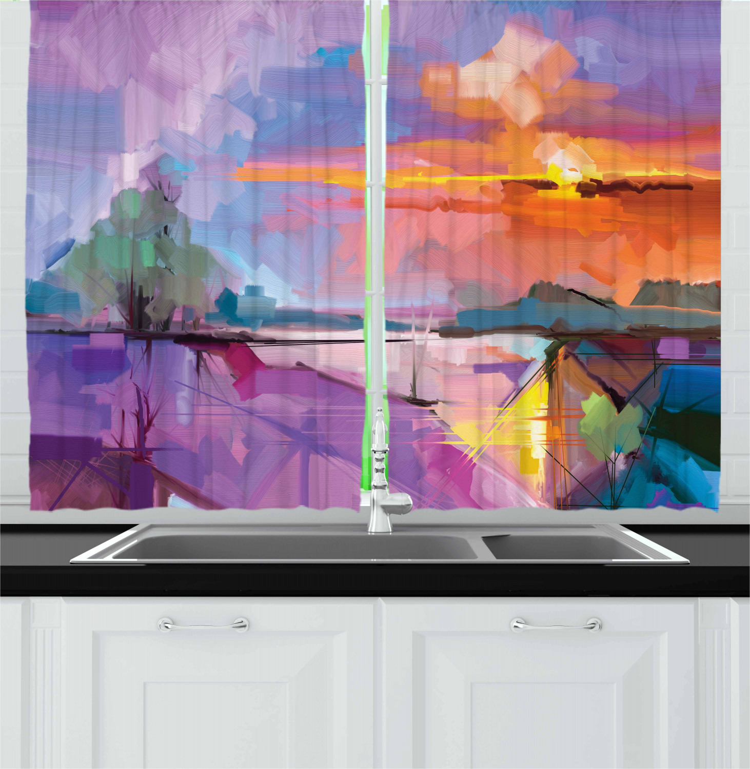 Landscape Curtains 2 Panels Set, Abstract Hand Drawn Design of ...