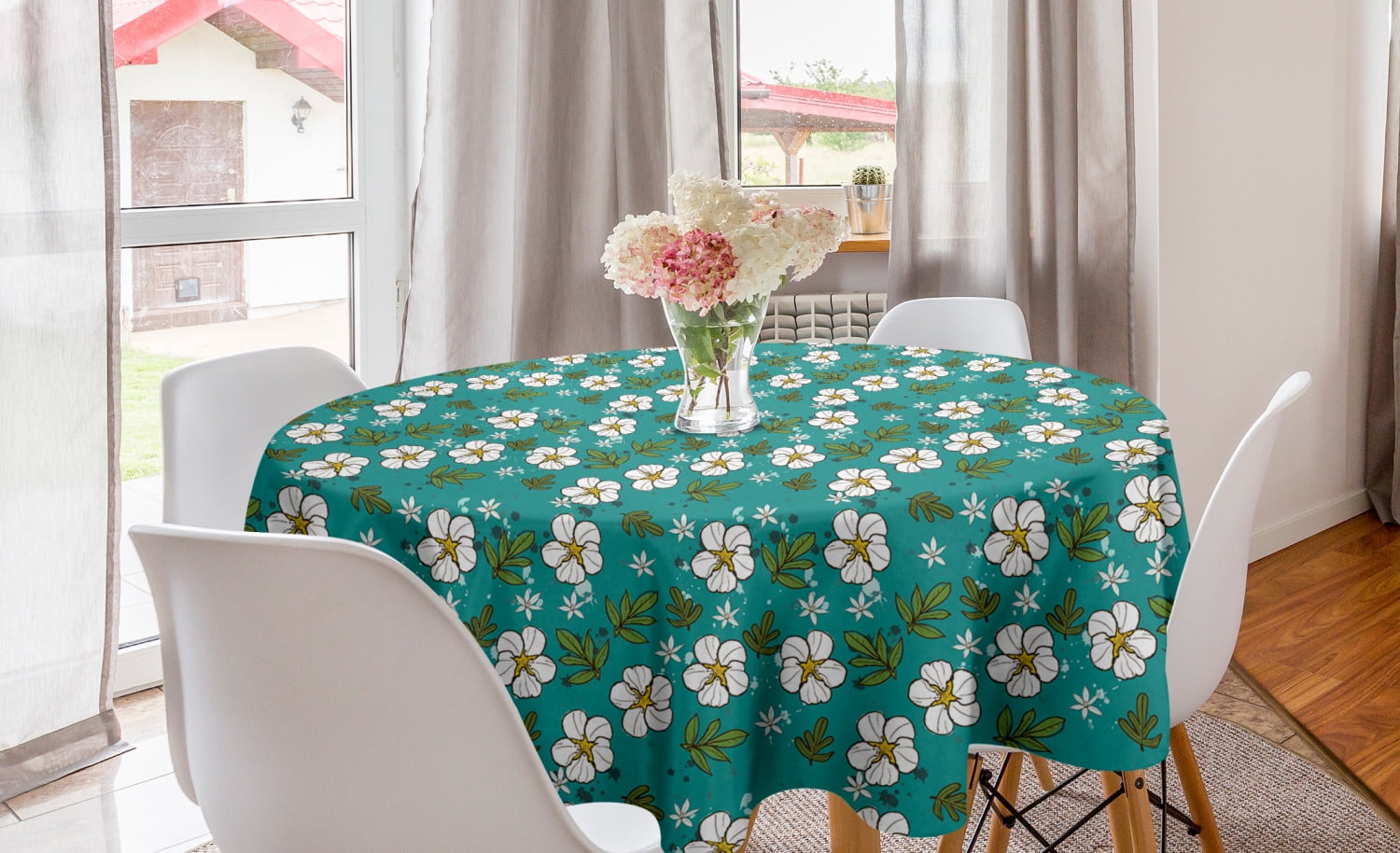 Floral Round Tablecloth, Layout of Spring Time Flowers and Leaves ...