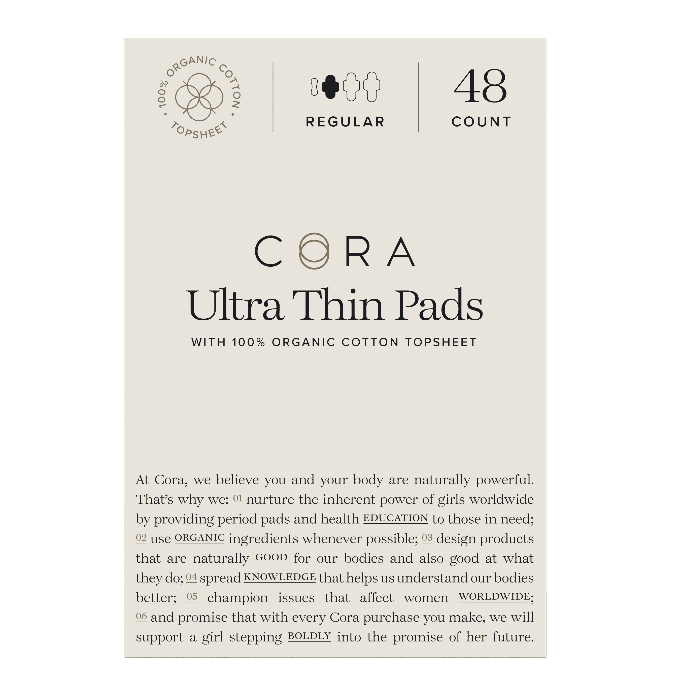 Cora Organic Cotton Topsheet Period Pads, Sanitary Napkin, Regular, 48 ...