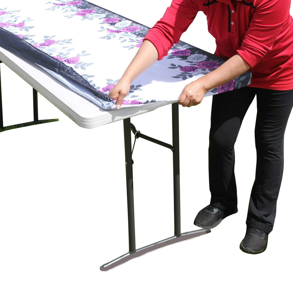 TableClothPLUS Roses 72" Elastic Fitted Polyester Tablecloth, 6 ...
