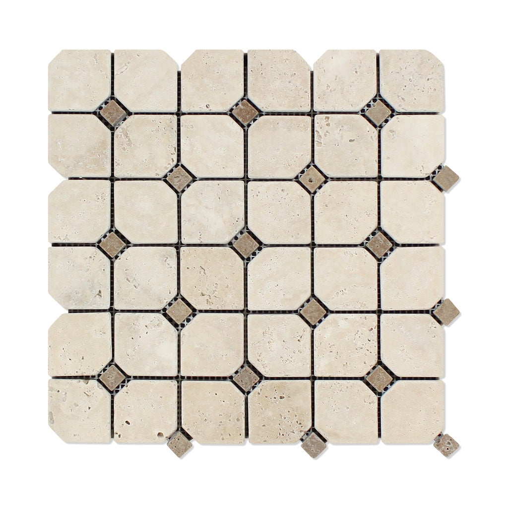 Ivory Travertine Tumbled Octagon Mosaic Tile w/ Noce Dots - Walmart.com