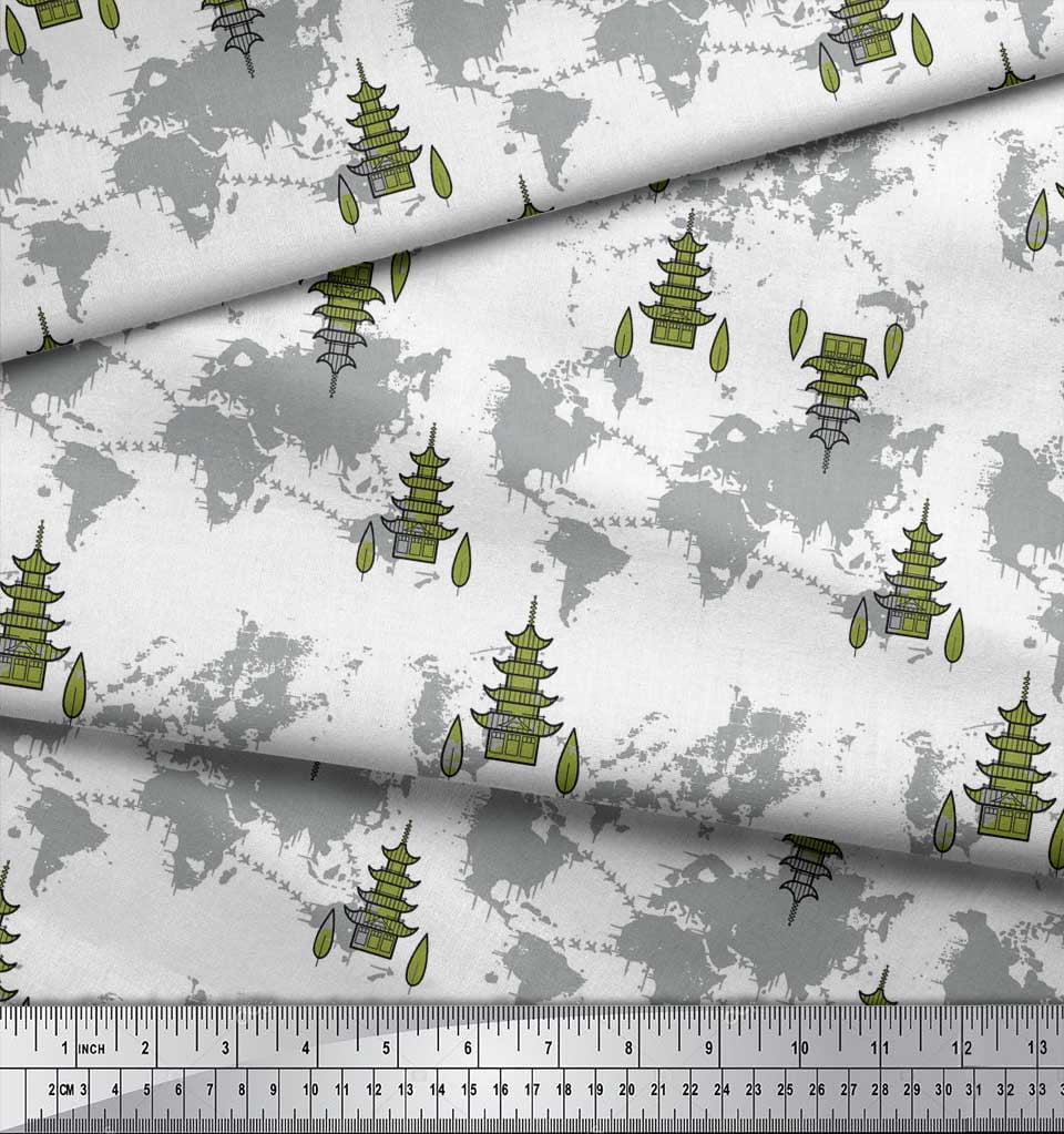 Soimoi Green Satin Silk Fabric Tree & World Map Printed Craft Fabric by ...