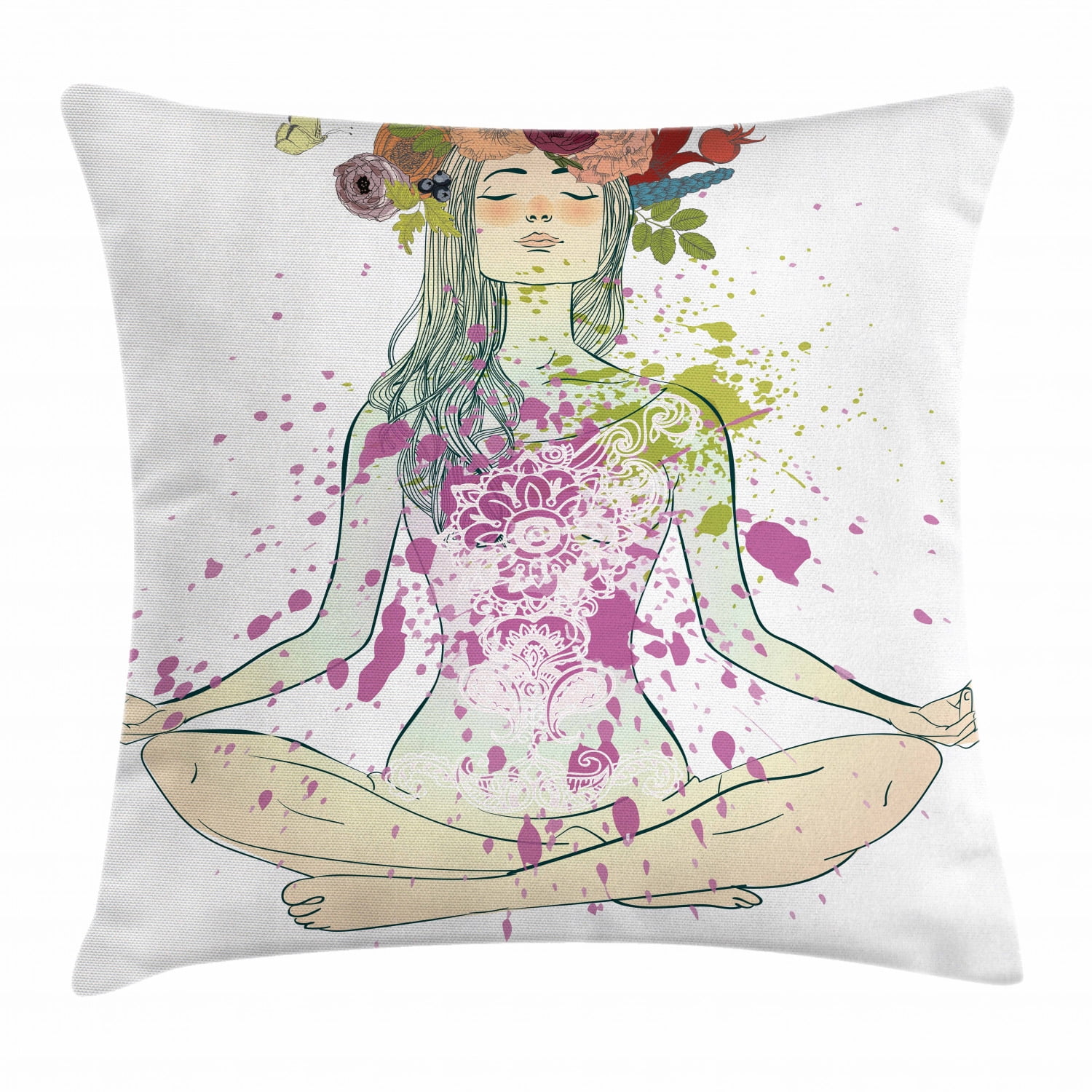 Yoga Throw Pillow Cushion Cover, Girl with Floral Wreath Sitting in ...