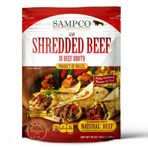 SAMPCO Shredded Beef in Beef Broth, Shelf Stable Pouch, 3Lbs (Case of 8 ...