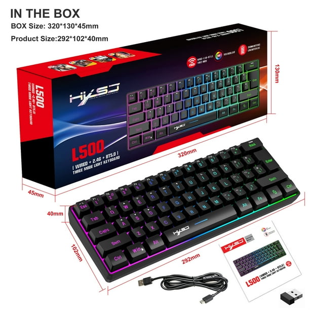 L500 Wired/Wireless Connection Gaming Keyboard 61 Keys Compact Computer ...
