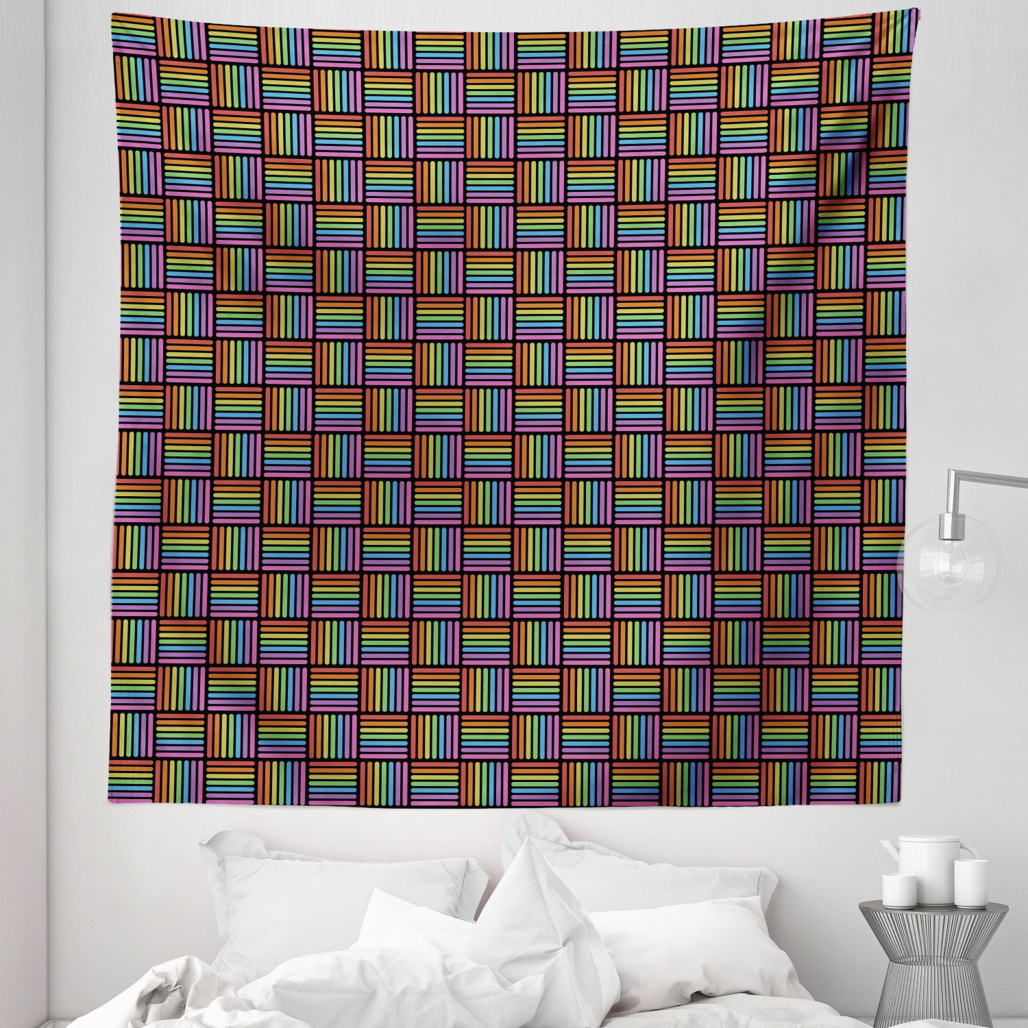 Colorful Tapestry, Rainbow Colored Groovy Disco Retro Bars as Squares ...