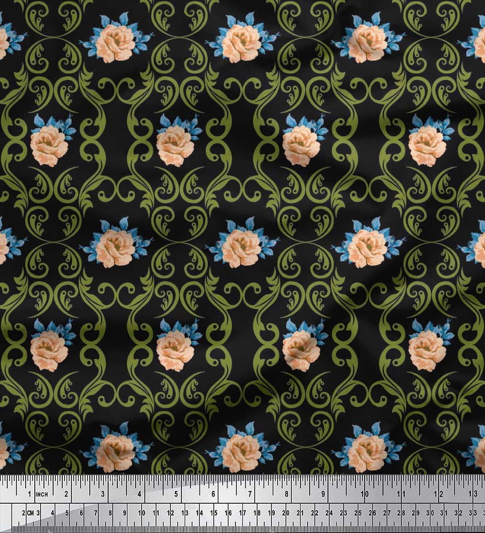 Soimoi Cotton Duck Fabric Filigree Damask,Leaves & Peony Floral Print ...