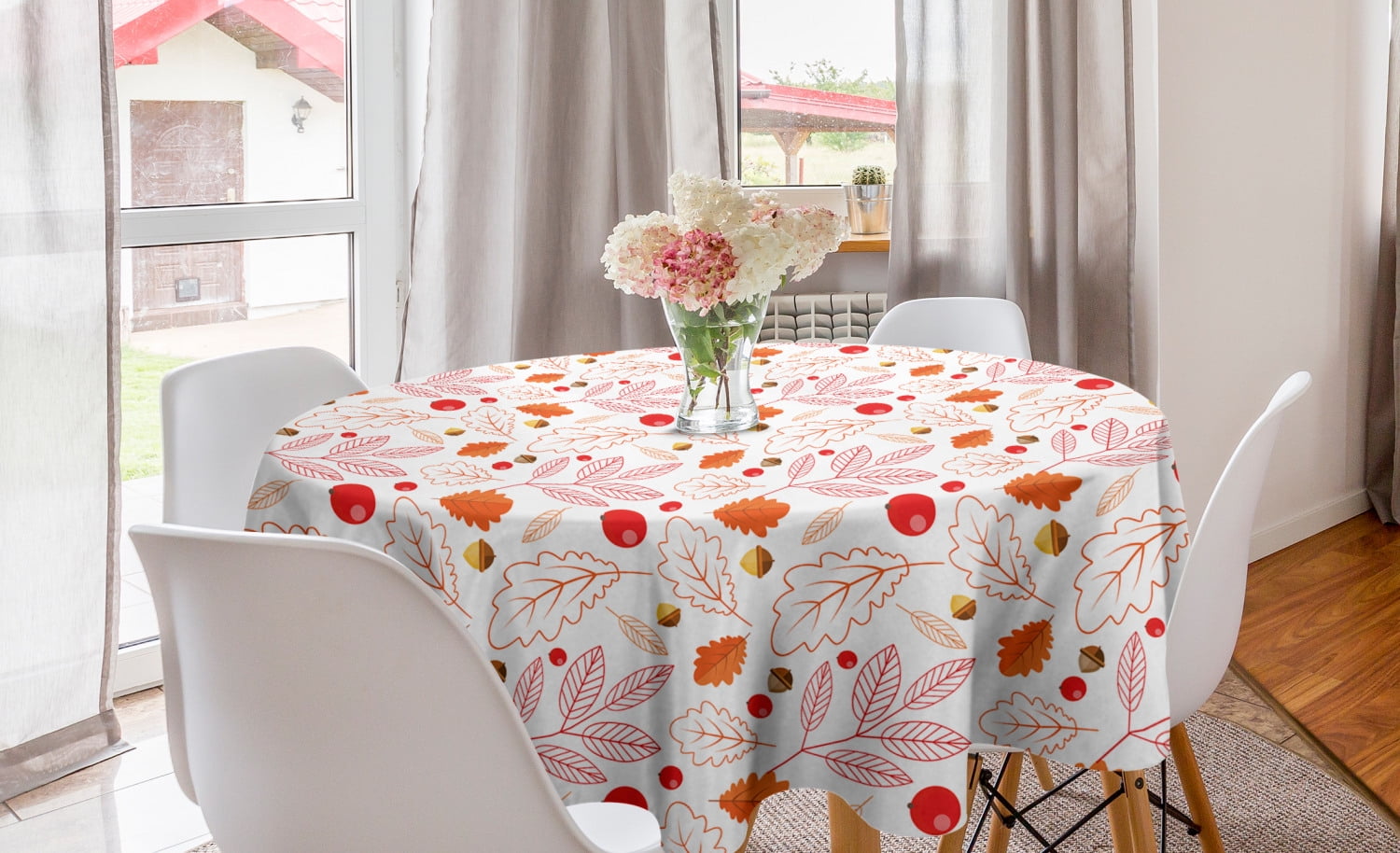Autumn Round Tablecloth, Vivid Colors Leaves Acorn Rowan Berries Art on ...