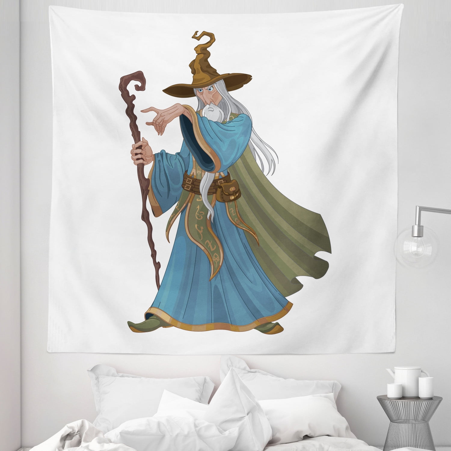 Wizard Tapestry, Fantasy Style Powerful Sorcerer with Staff Medieval ...