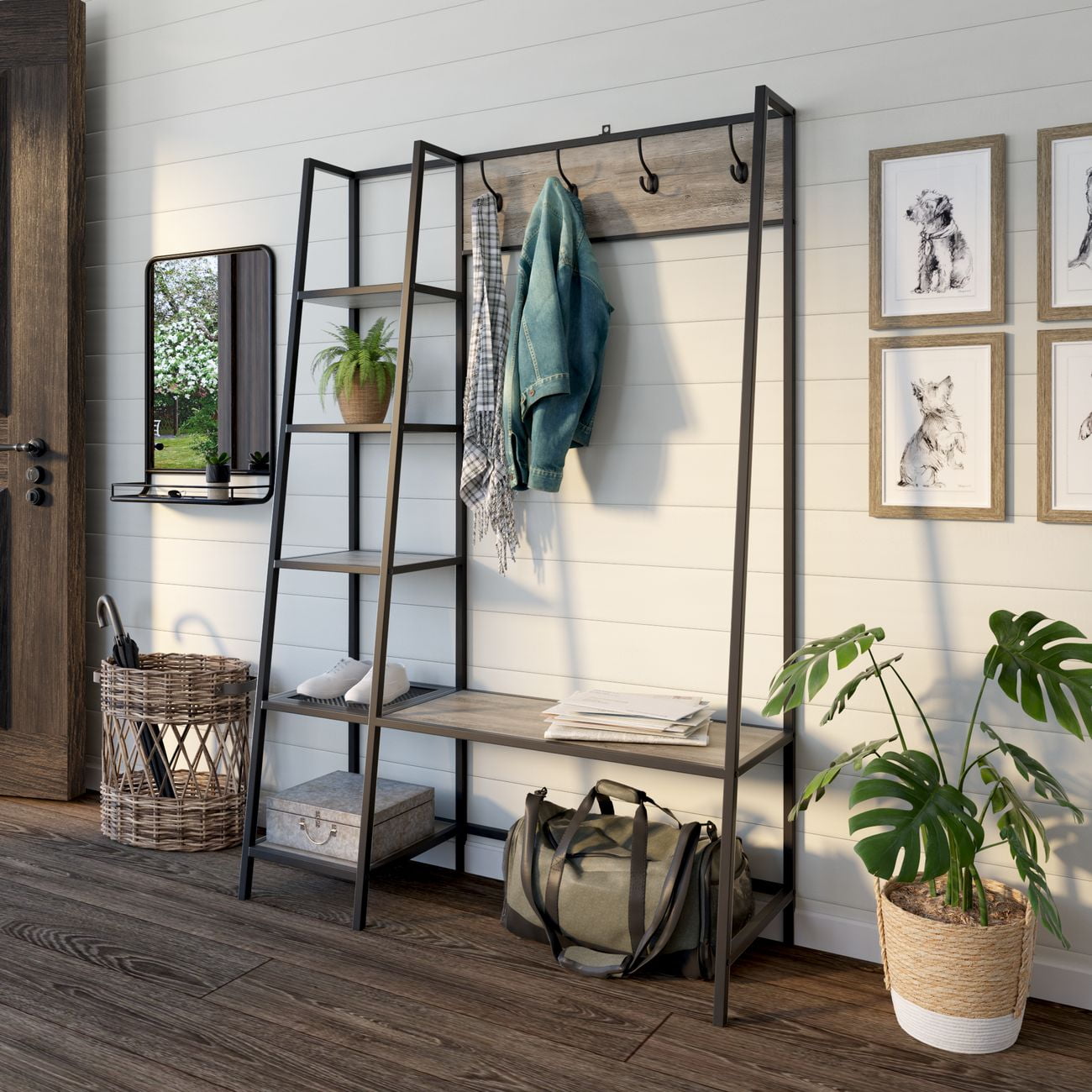 Woven Paths Modern Hall Tree with Bench and 5 Shelves, Grey Wash ...