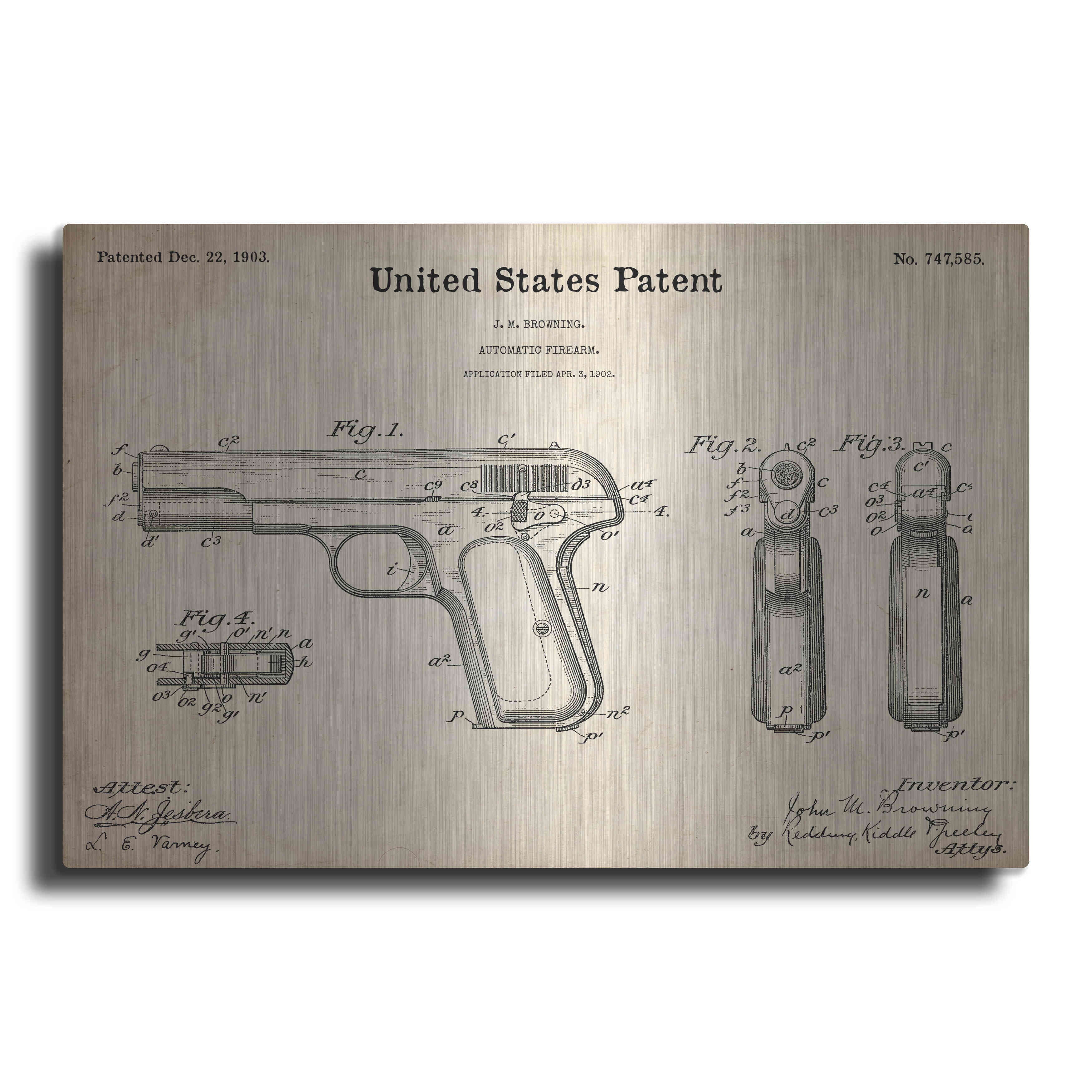 Luxe Metal Art 'Pistol Blueprint Patent Parchment,' Metal Wall Art, 16 ...