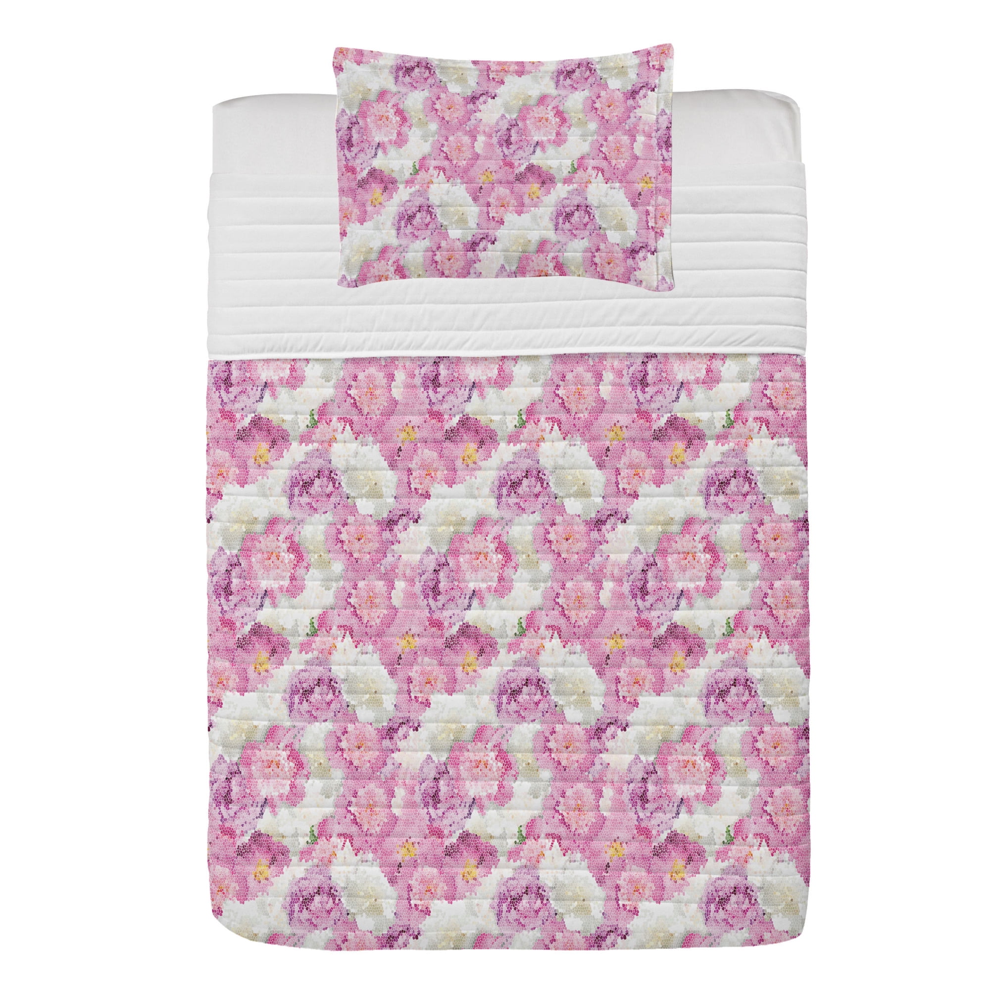 Nature Microfiber Bedspread Set, Spring Themed Mosaic Texture Peony ...