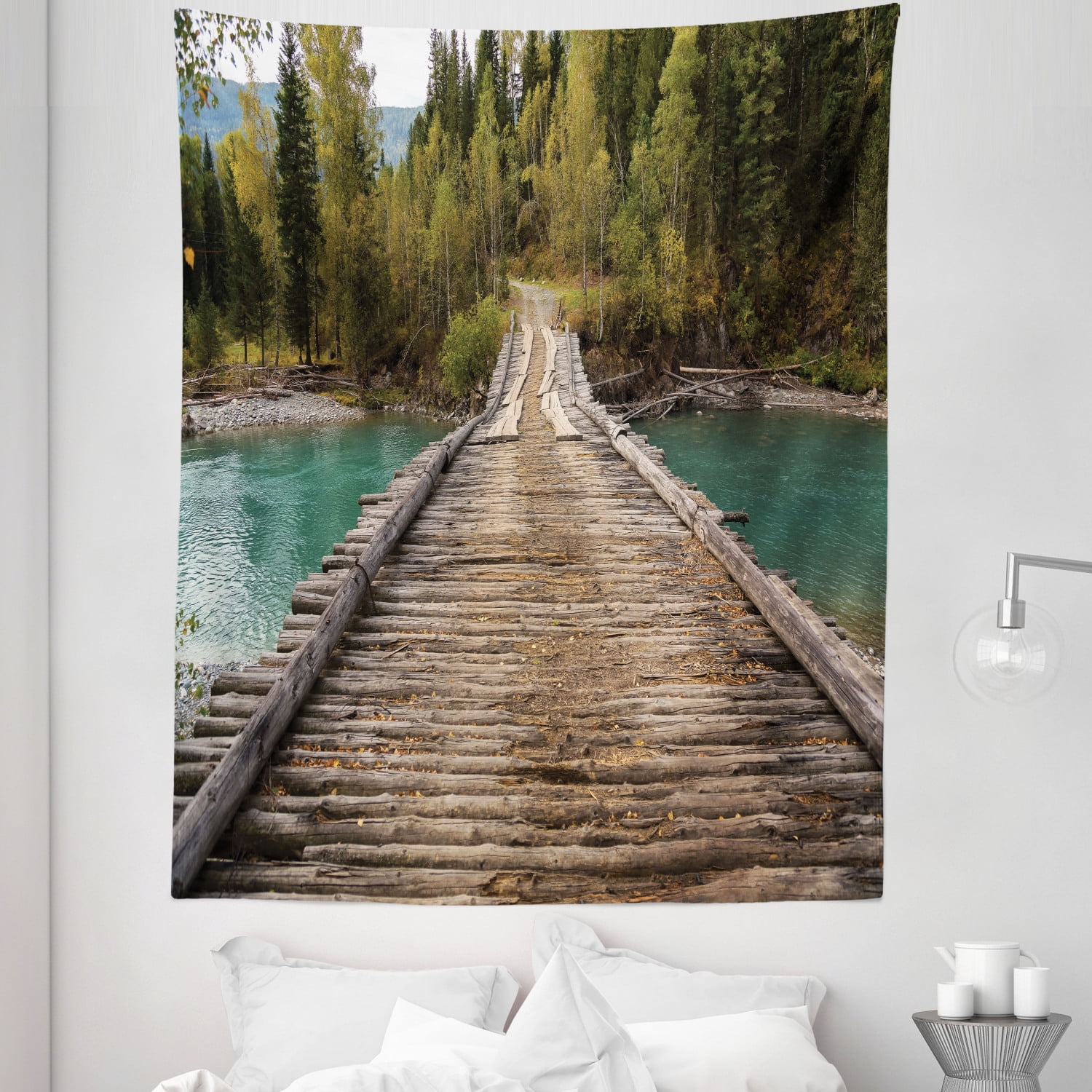 Rustic Tapestry, Old Wood Bridge over River Belaya Berel and Evergreen ...