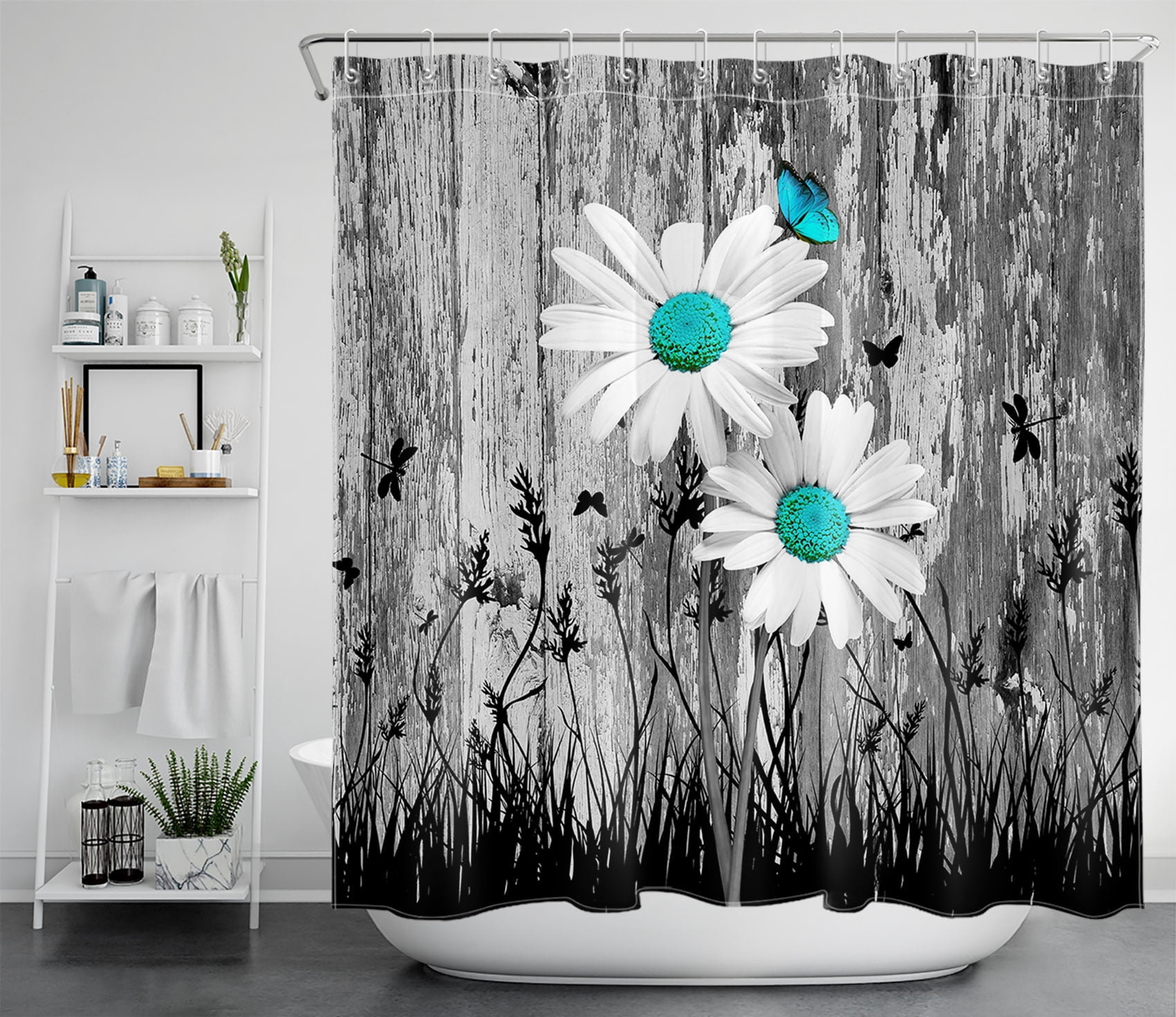 HVEST Rustic Floral Shower Curtain Farmhouse Teal Butterfly and Weed ...