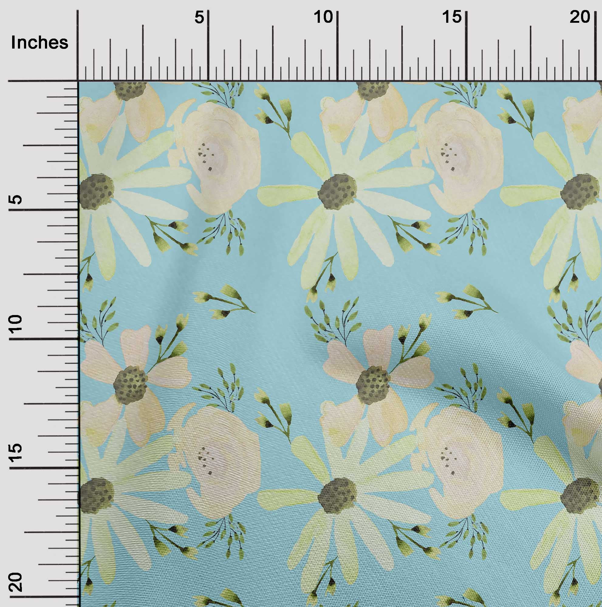 oneOone Cotton Silk Sky Blue Fabric Flower & Leaves Watercolor Diy ...