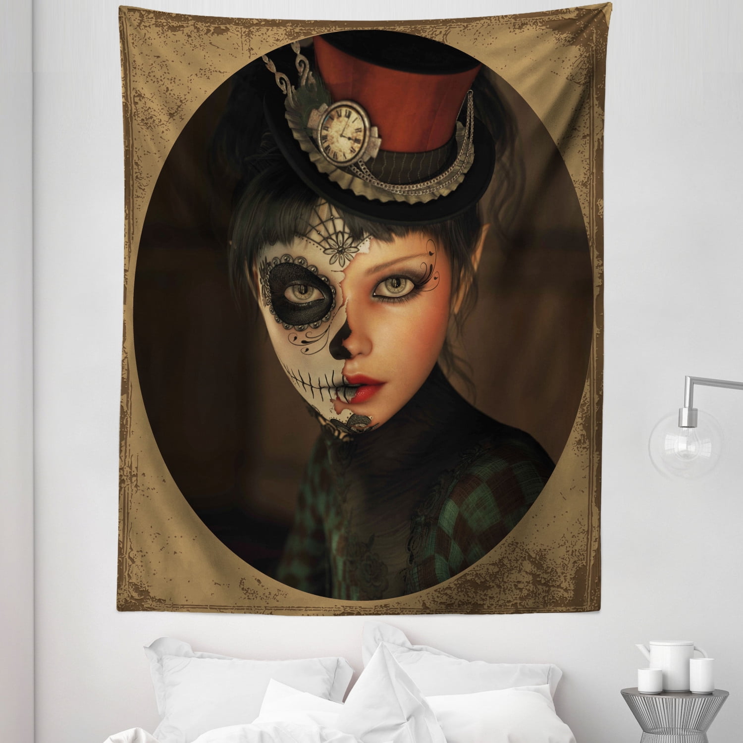 Sugar Skull Tapestry, Antique Portrait Girl with Calavera Inspired ...