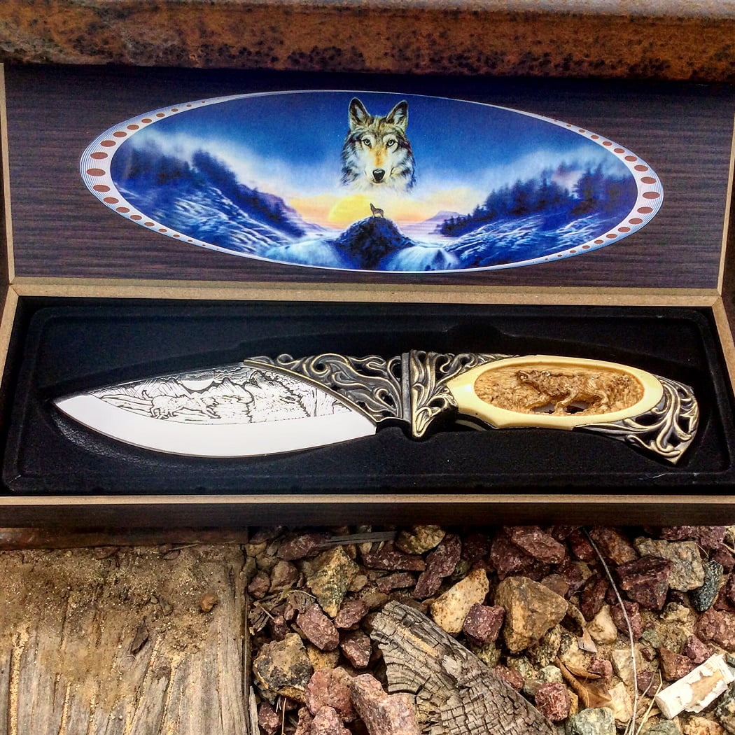 10' Wolf Pattern Handle & Blade Hunting Knife with Gift Box - Walmart.com
