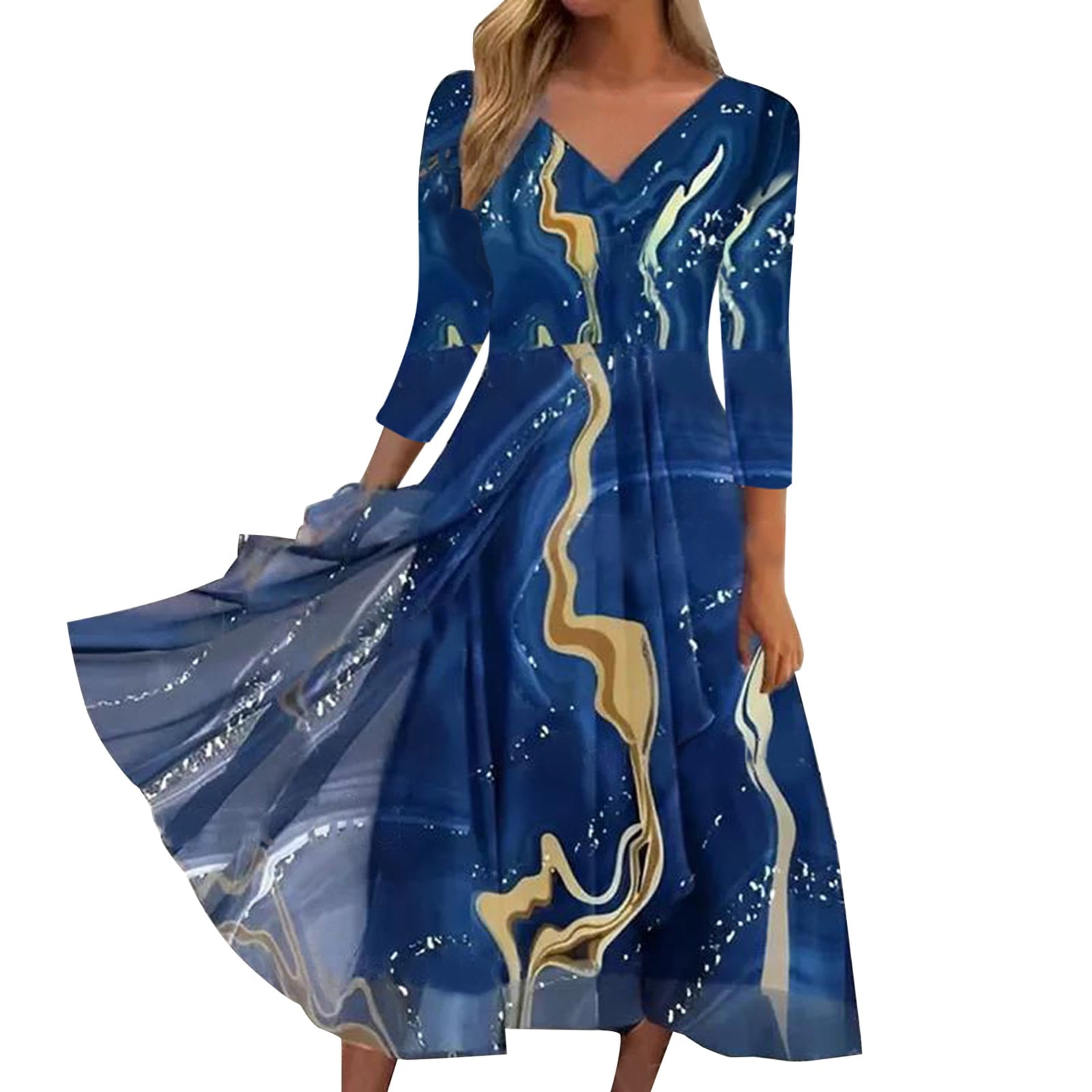 Mgoohoen Womens Casual Loose Dresses V Neck 3 4 Sleeves Patchwork