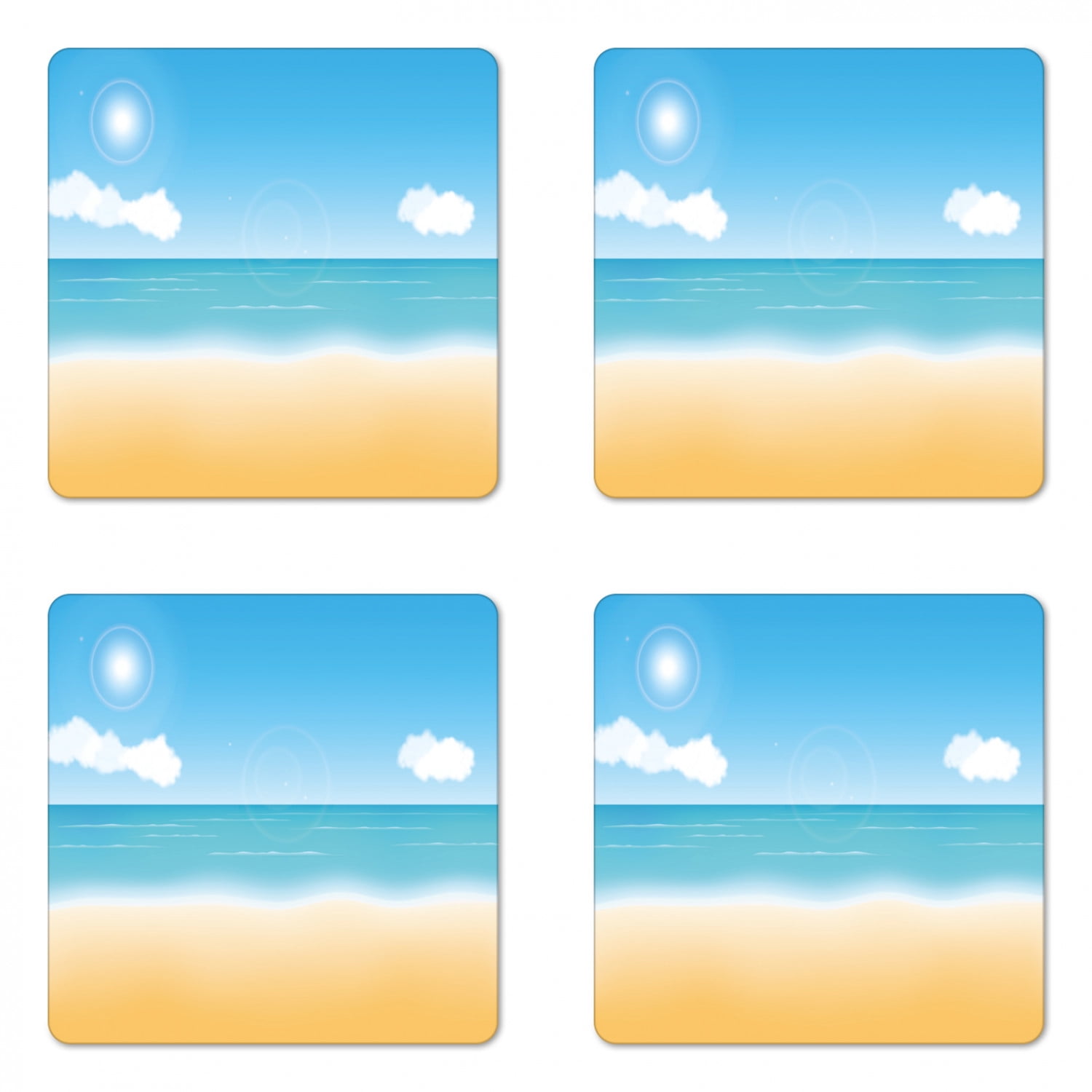 Beach Coaster Set of 4, Seascape with Sunny Sky and Clouds Relax Summer ...