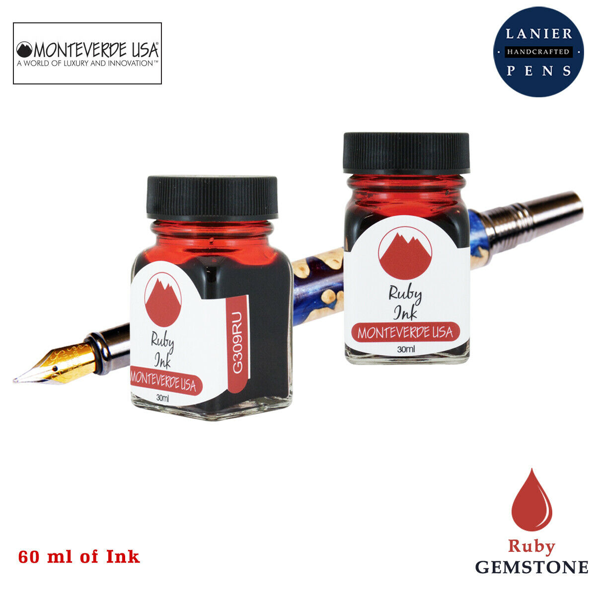 Monteverde 60ml Gemstone Fountain Pen Ink Bottle (30ml Ruby G309RU Ink ...