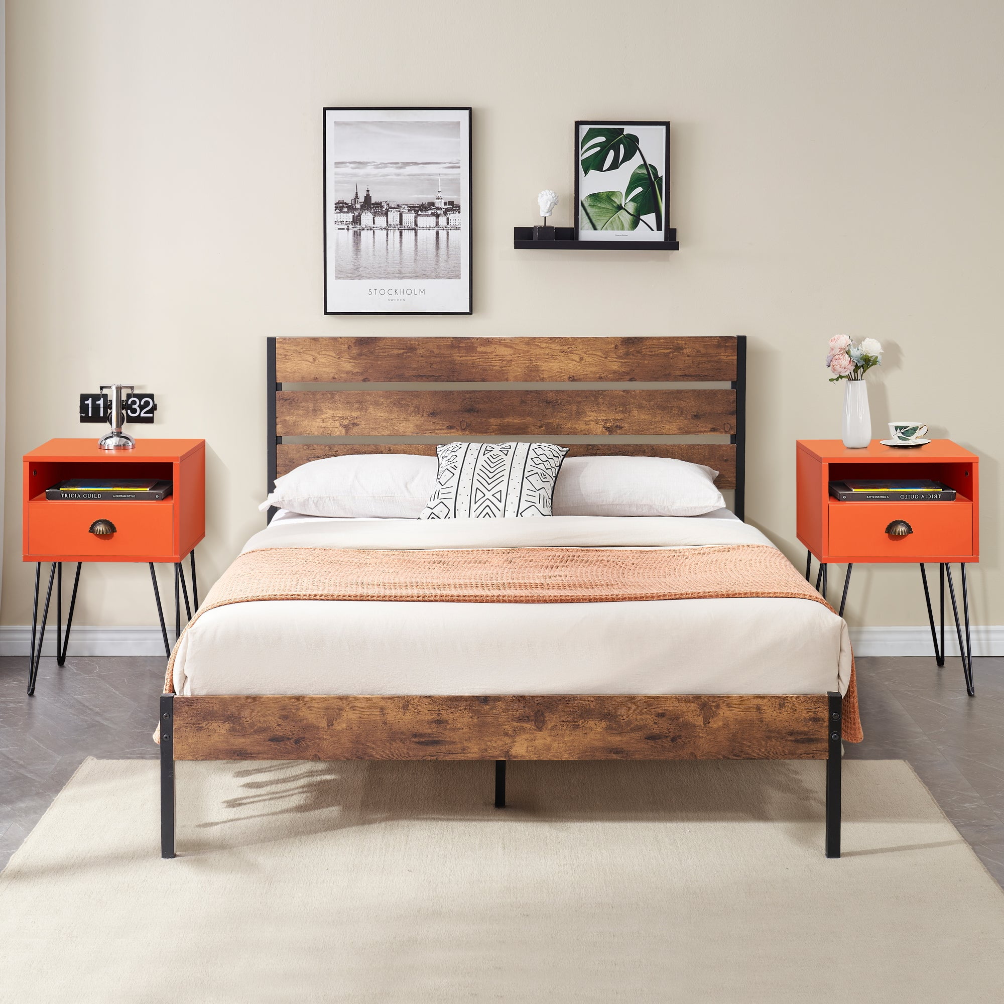 VECELO 3-Piece Bedroom Set Metal Bed Frame with Wooden Headboard and 2 ...