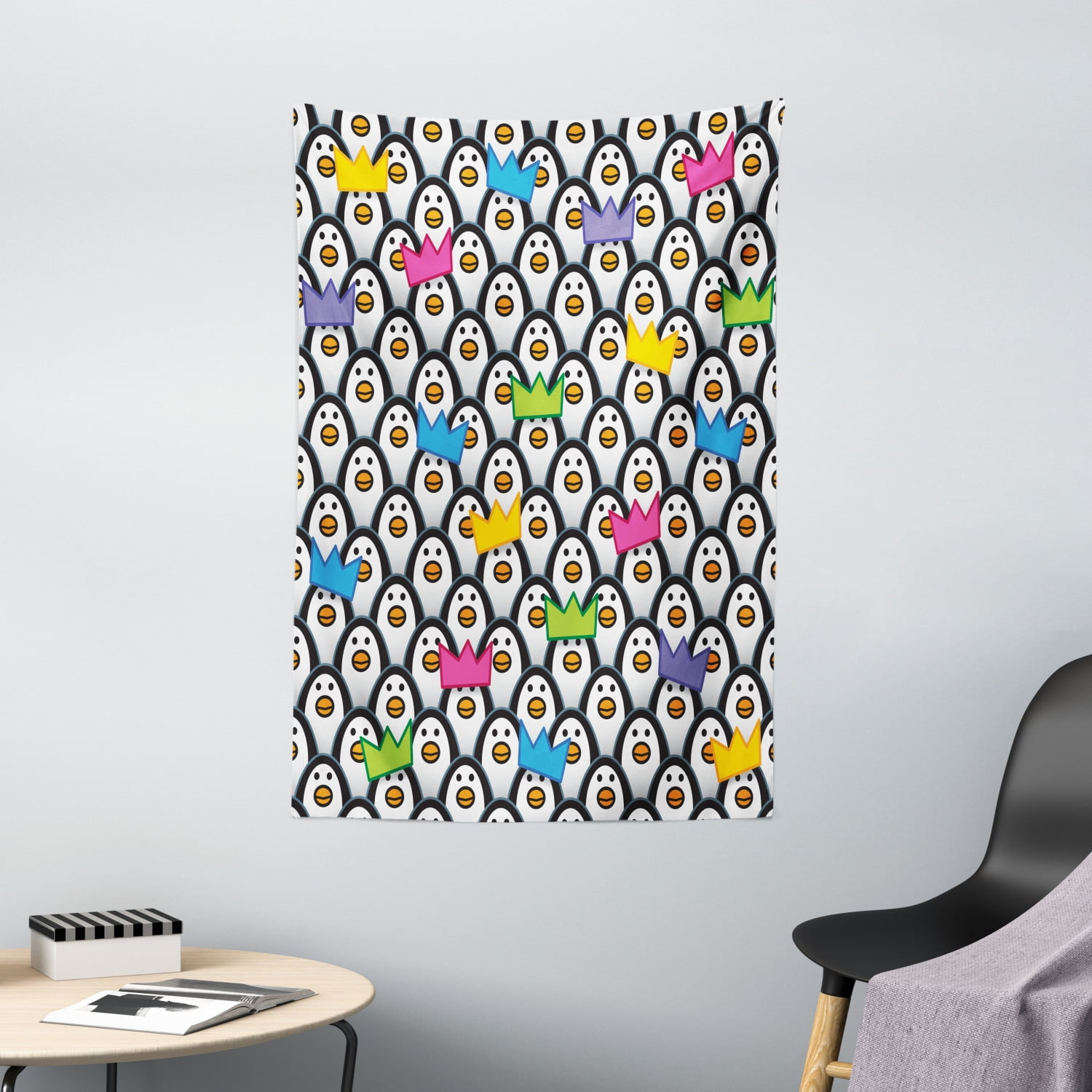 Sea Animals Tapestry, Penguins Wearing Colored Party Hats Crowns Rows ...