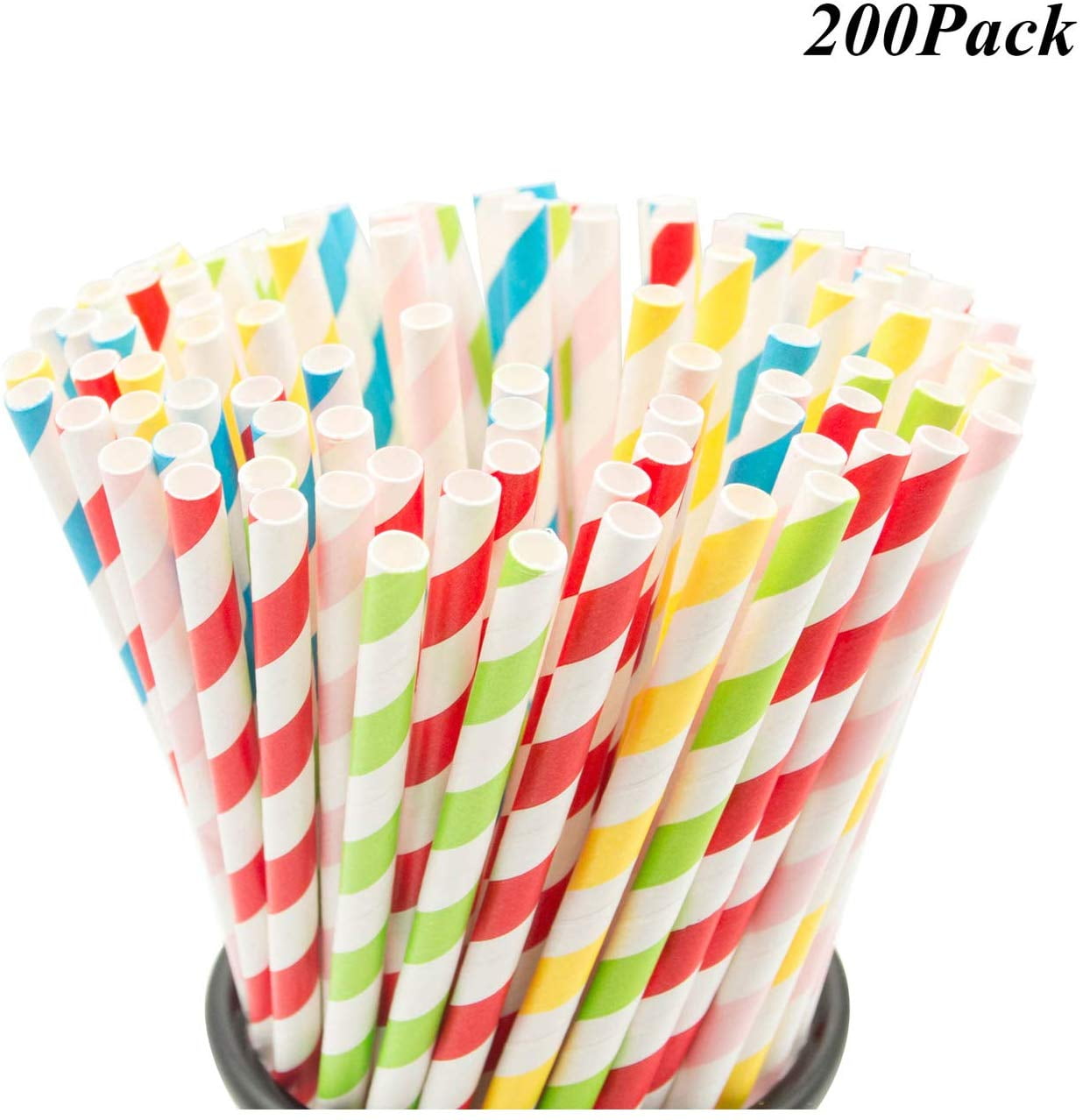 200pcs Biodegradable Paper Straws Bulk Assorted Rainbow Colors Striped