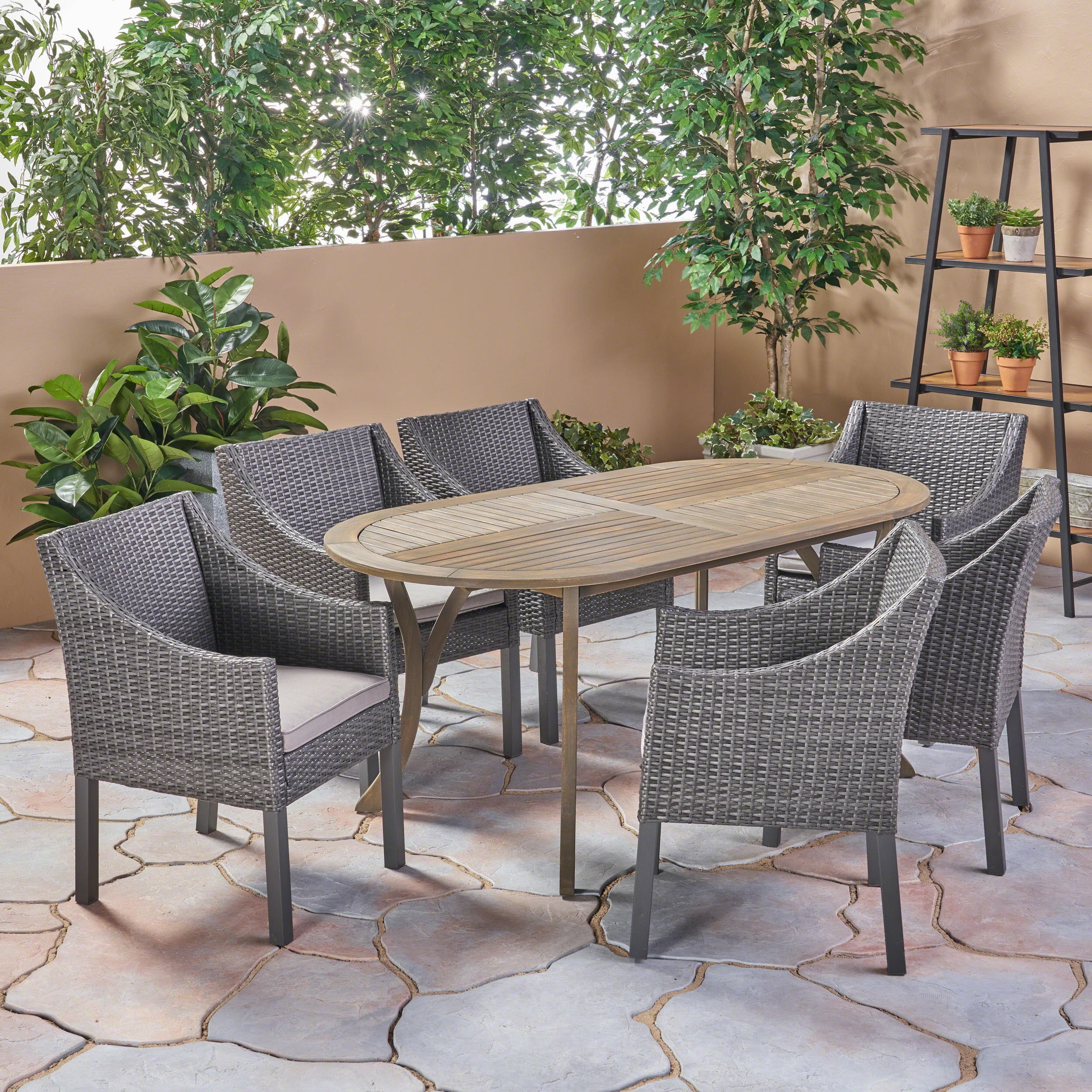 Bruno Outdoor 7 Piece Acacia Wood and Wicker Dining Set with Cushions ...