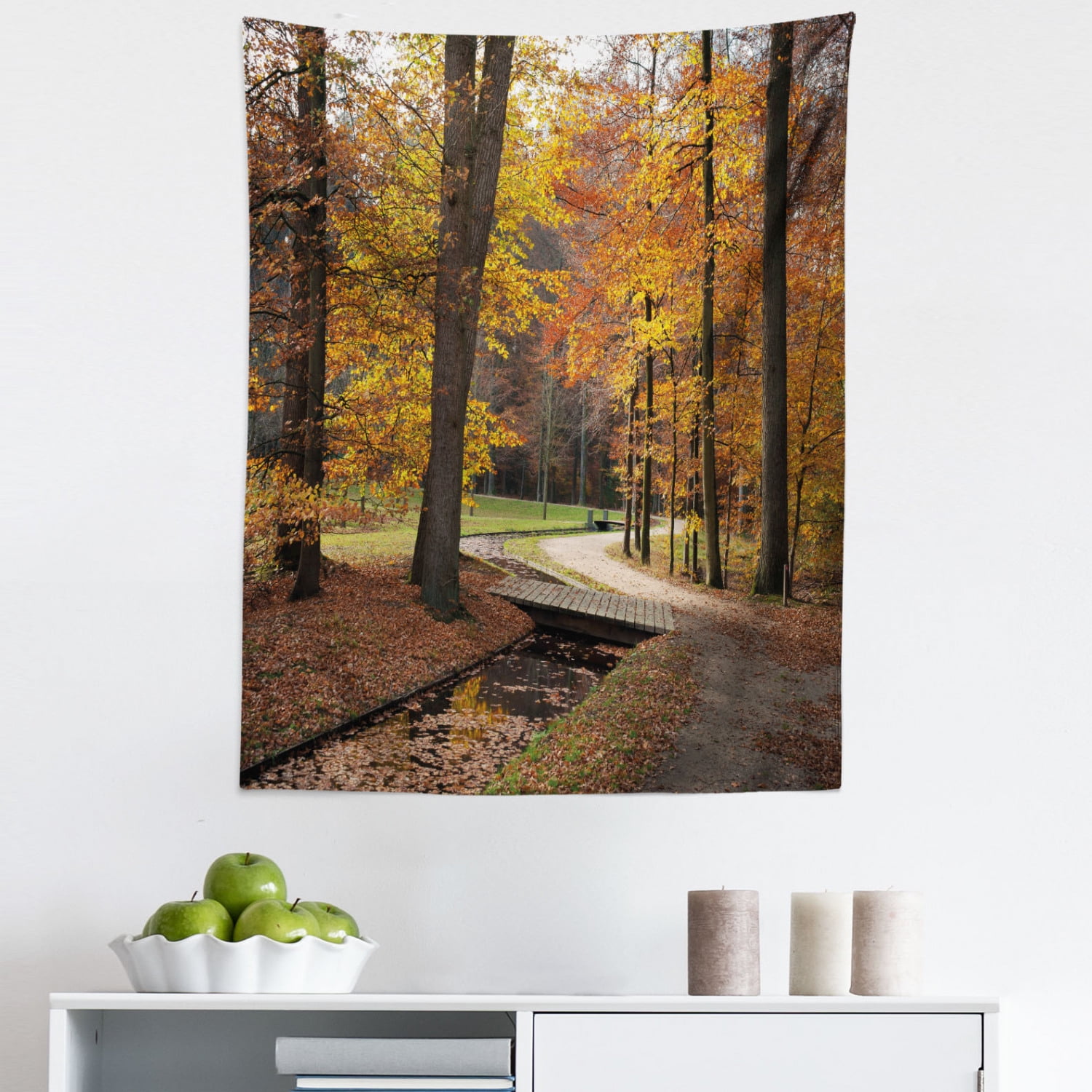 Autumn Tapestry, Rainy Gloomy Day Forest Path with Leafless Trees Art ...