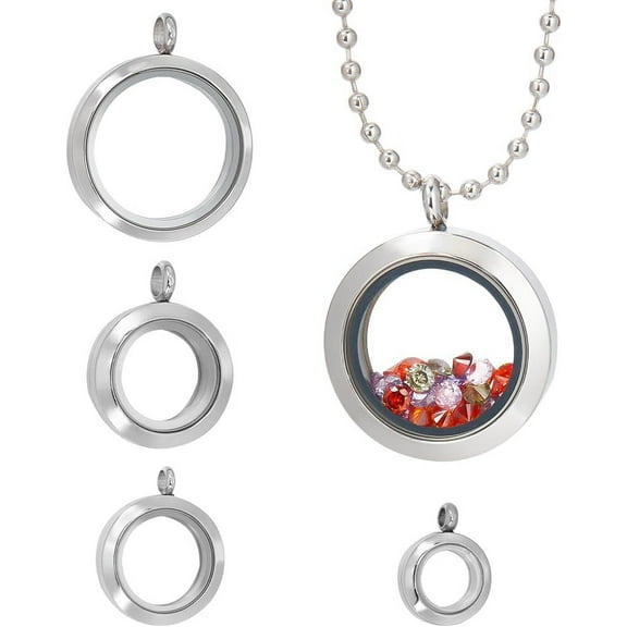2 Set Stainless Steel Floating Charm with Glass Round Clear Photo Frame ...