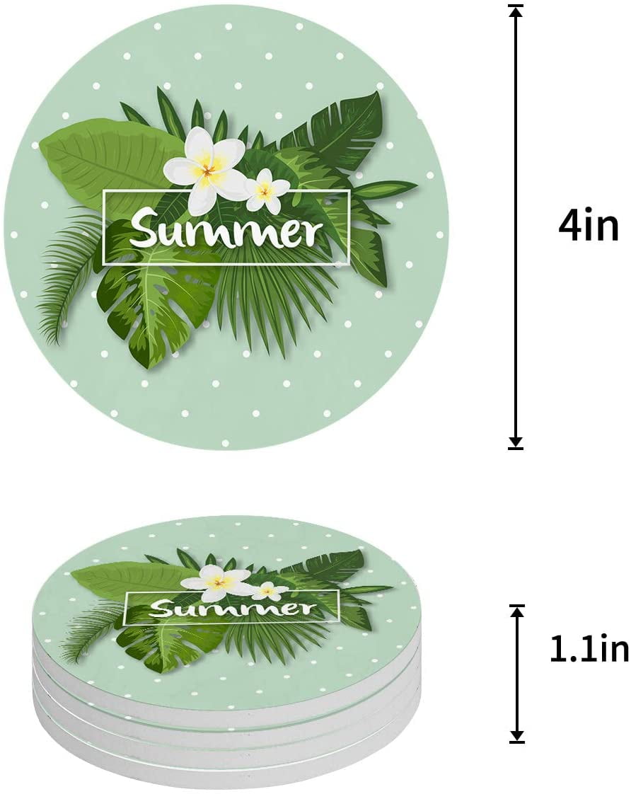 ZHANZZK Tropical Green Leaves Summer Holiday Set of 6 Round Coaster for ...