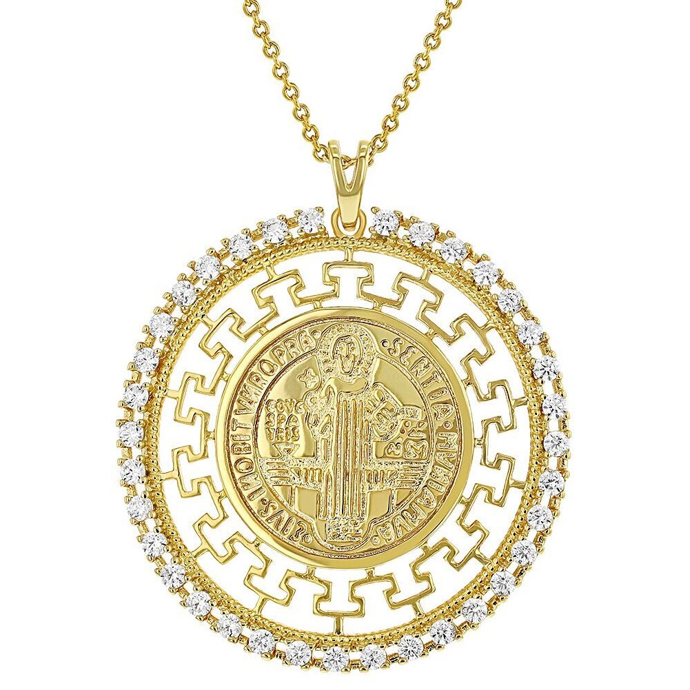 18k Gold Plated Clear CZ St Saint Benedict Greek Key Medal Pendant for ...